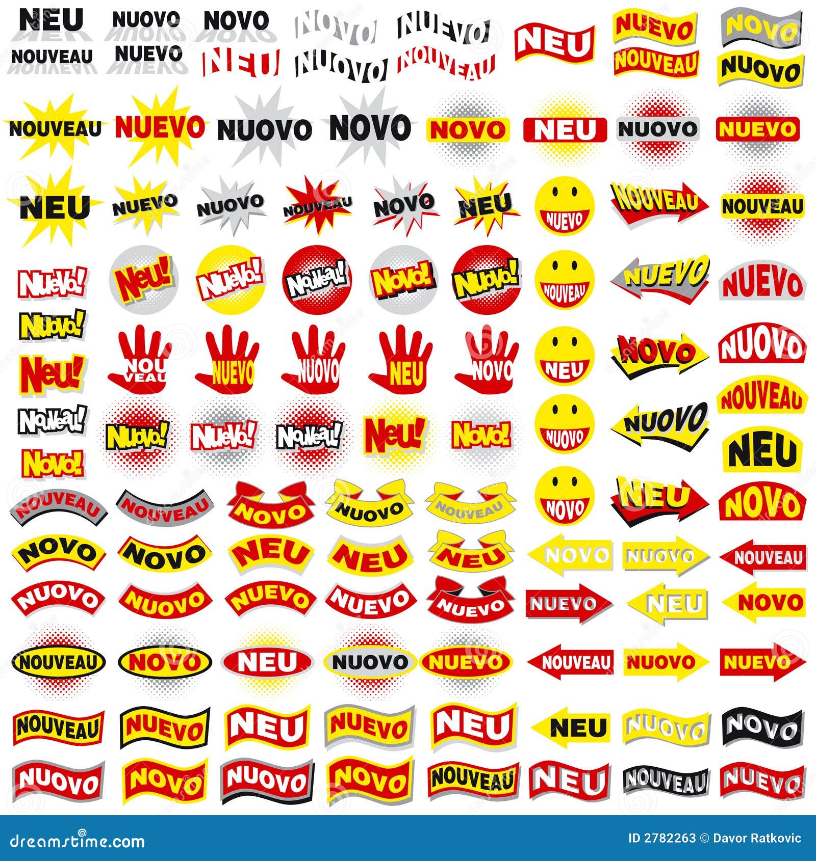New stickers in 5 language stock vector. Illustration of price - 2782263