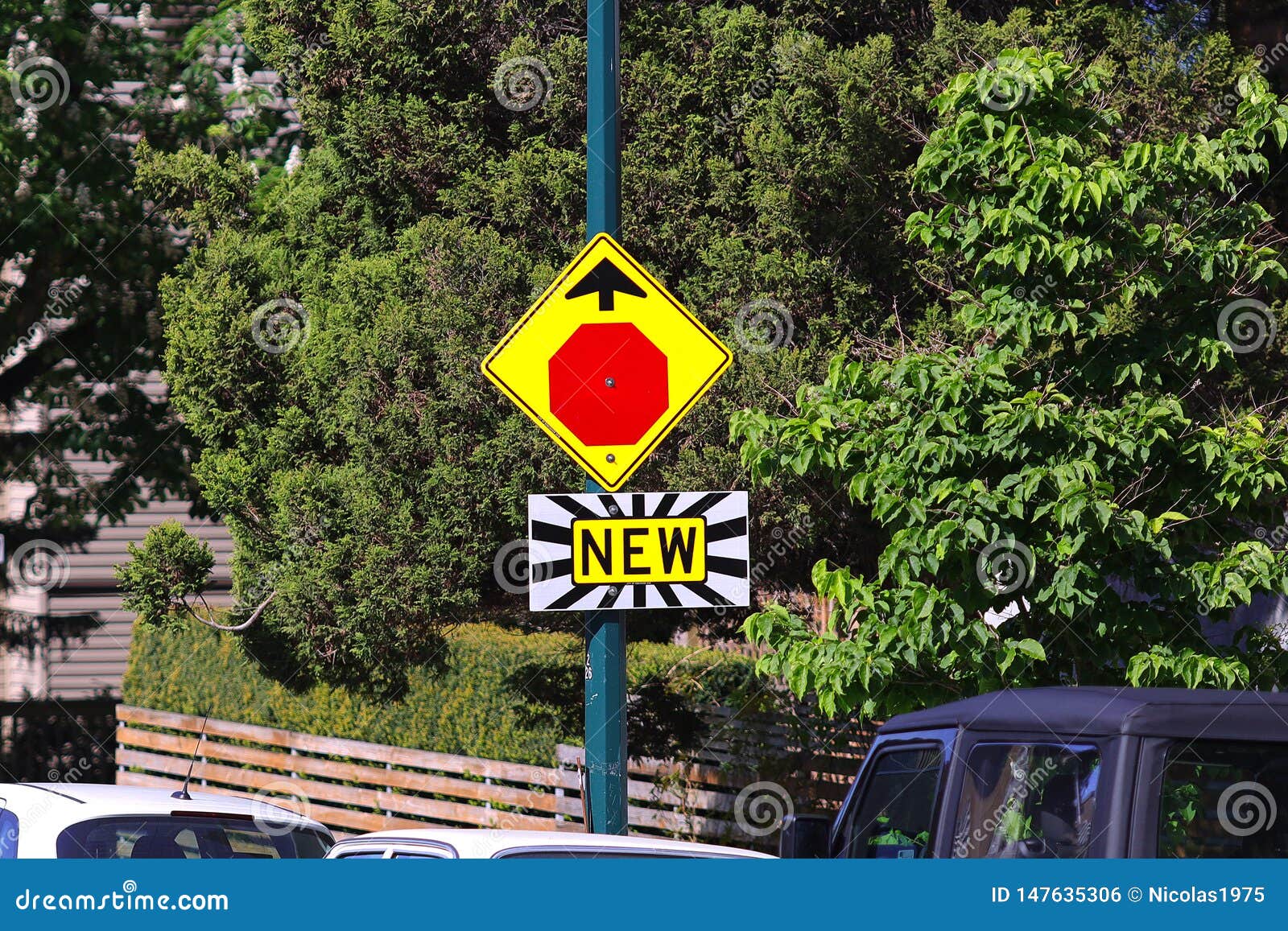 New stop sign ahead stock photo. Image of city, icon - 147635306