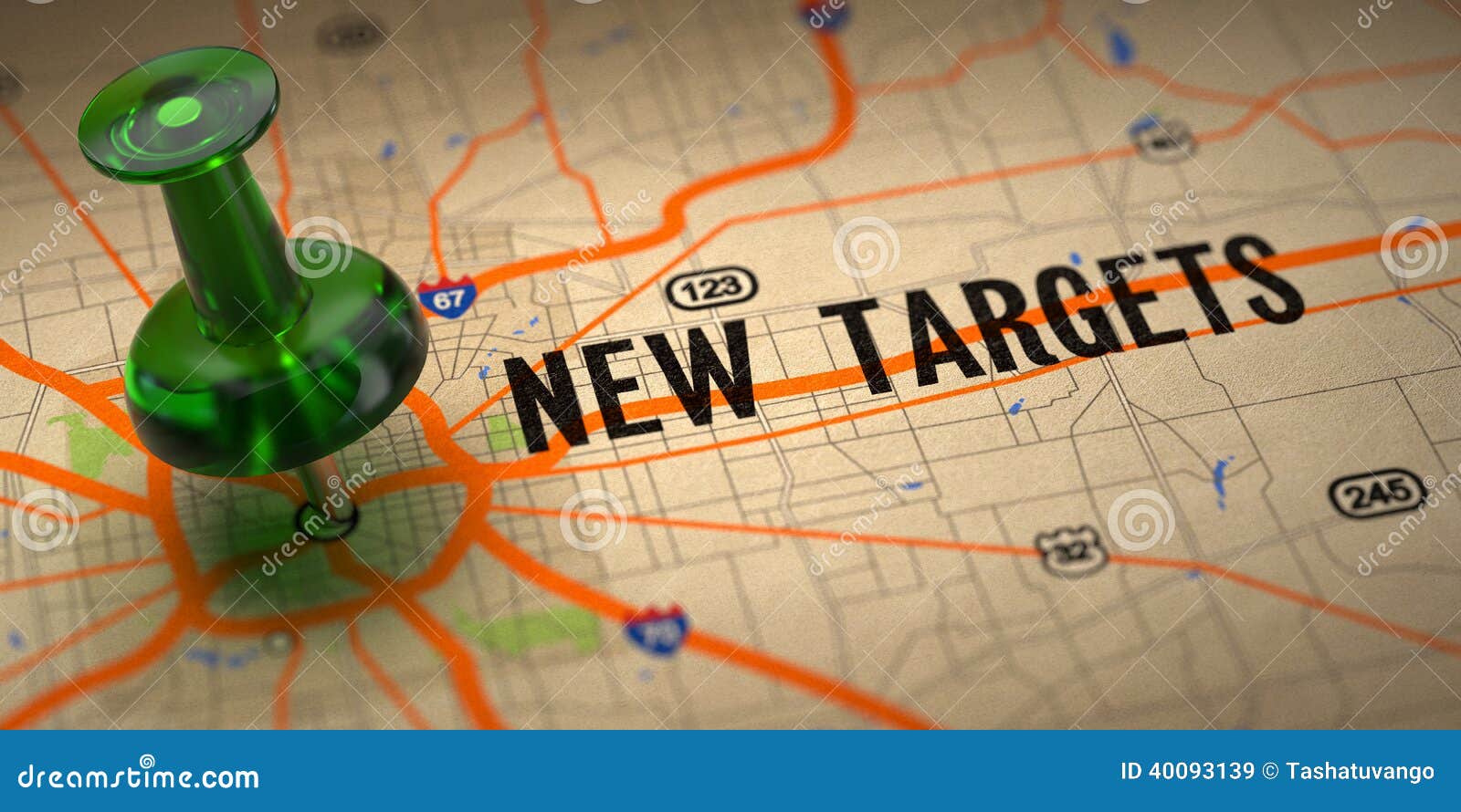 New Targets - Green Pushpin on a Map Background. Stock Image - Image of ...