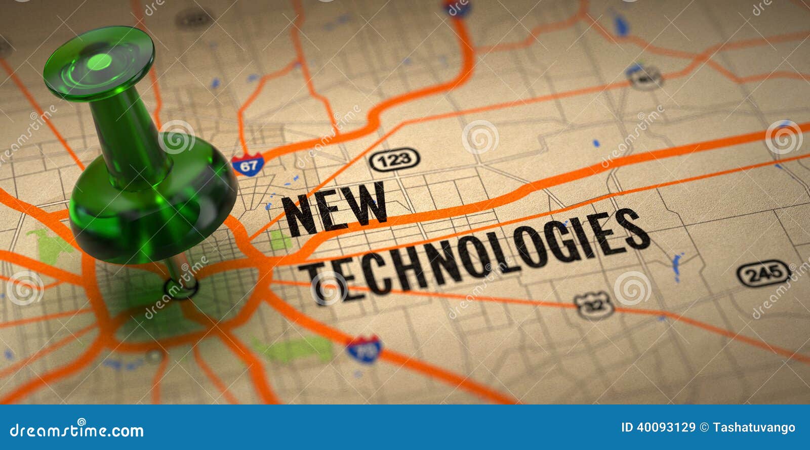 New Technologies - Green Pushpin on a Map Background. Stock Image ...