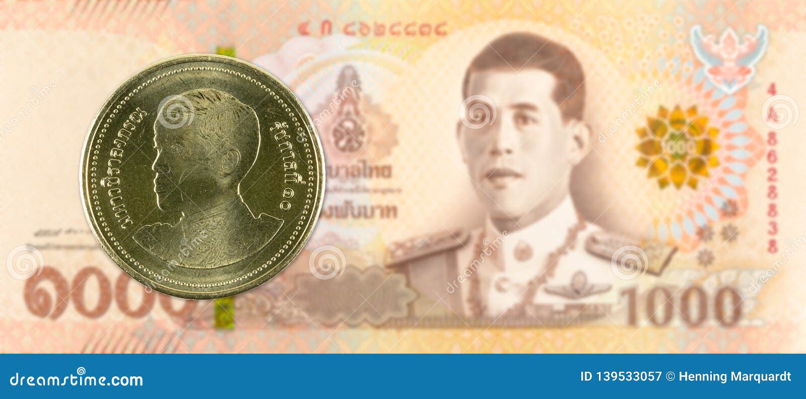 2 New Thai Baht Coin Against 1000 New Thai Baht Banknote Stock Image ...