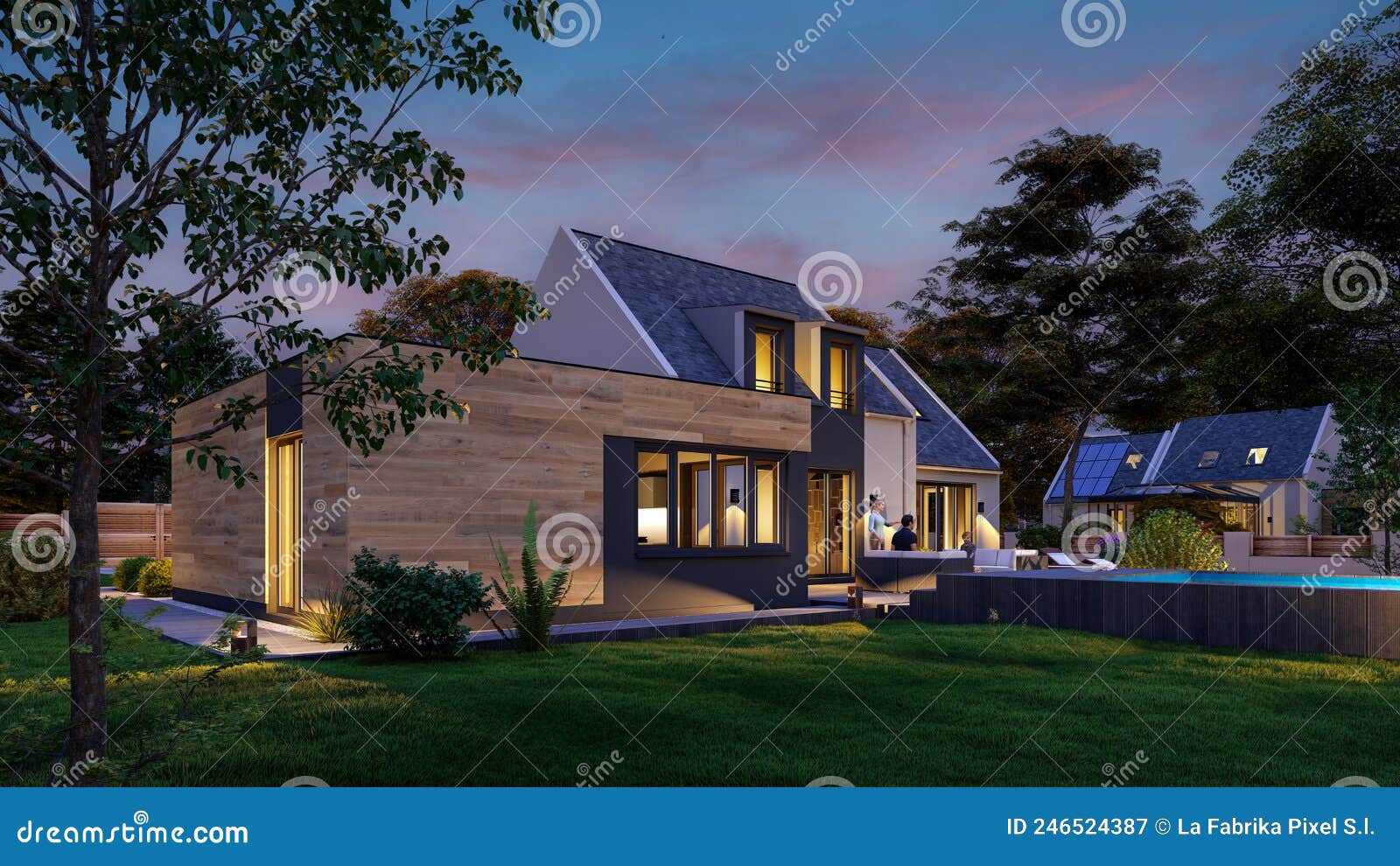 New Traditional House at Dusk Stock Illustration - Illustration of ...