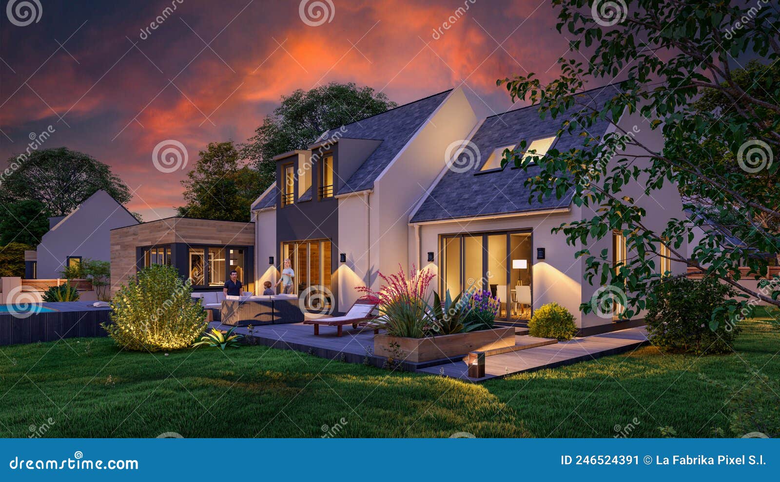 New Traditional House at Dusk Stock Illustration - Illustration of ...