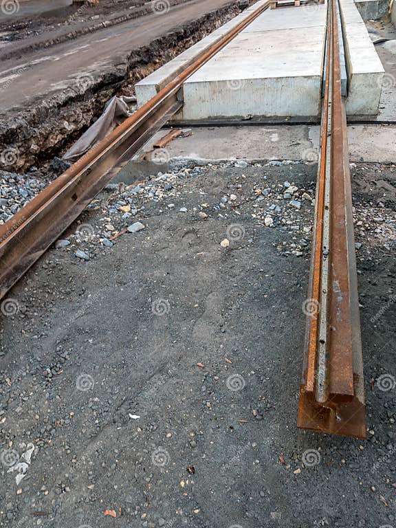 Tramway track construction stock photo. Image of assembly - 139012490
