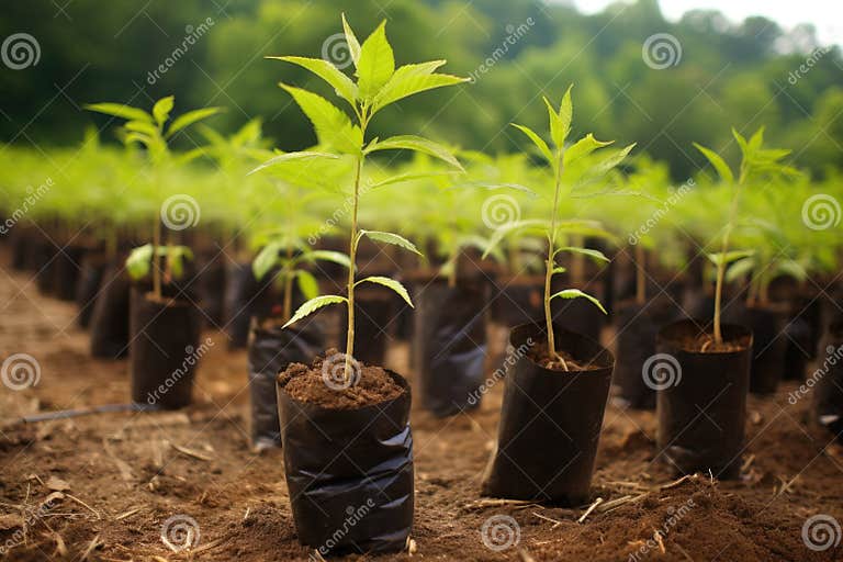 New Tree Saplings Planted for Reforestation Project Stock Photo - Image ...