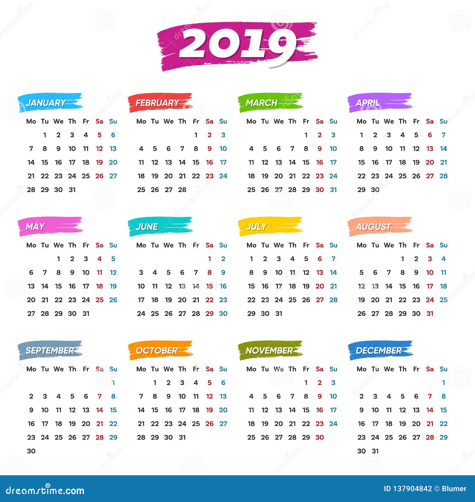 New Vector 2019 Calendar Weeks Start from Monday Stock Vector ...
