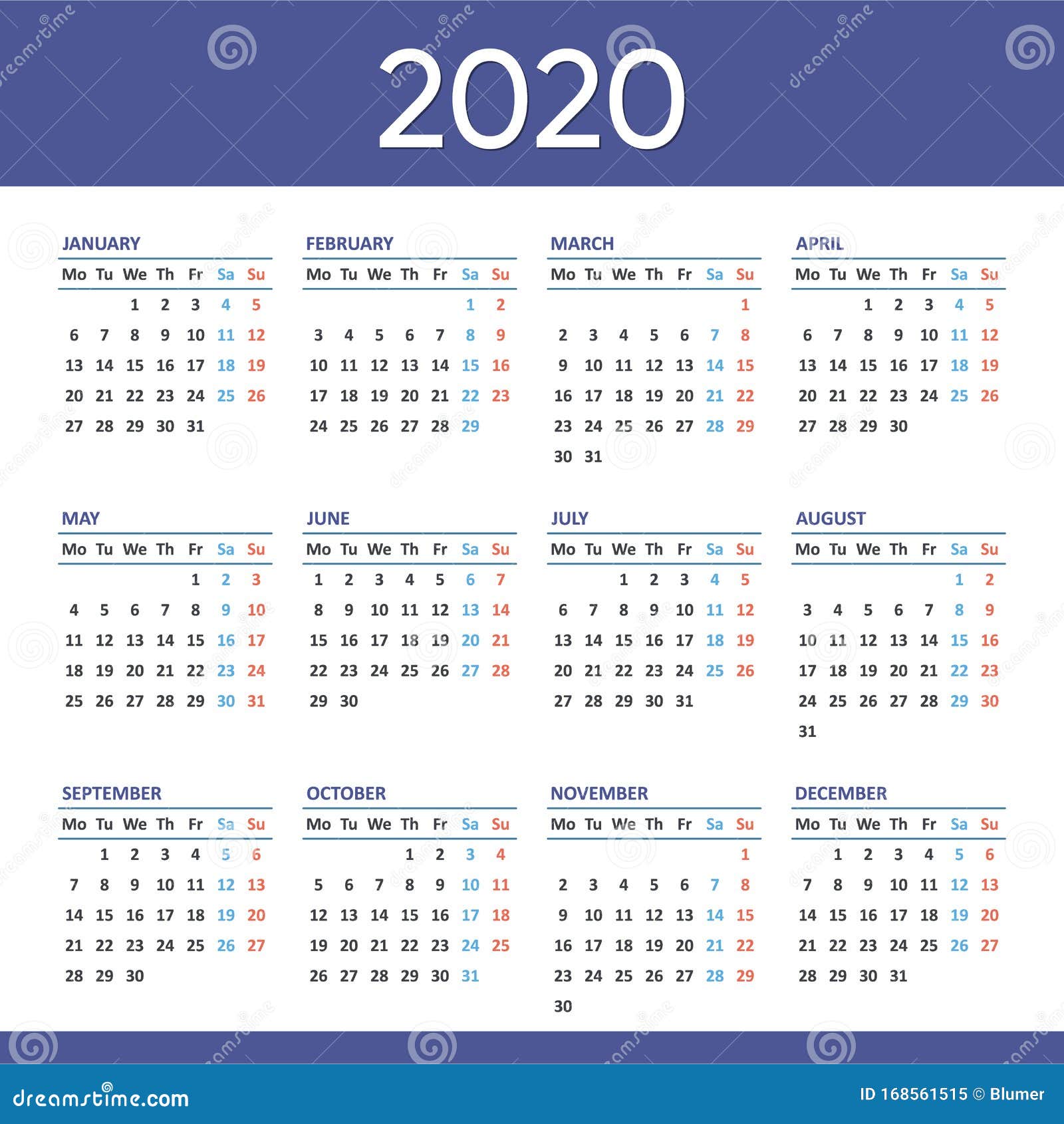New Vector 2020 Calendar Weeks Start from Monday Stock Vector ...