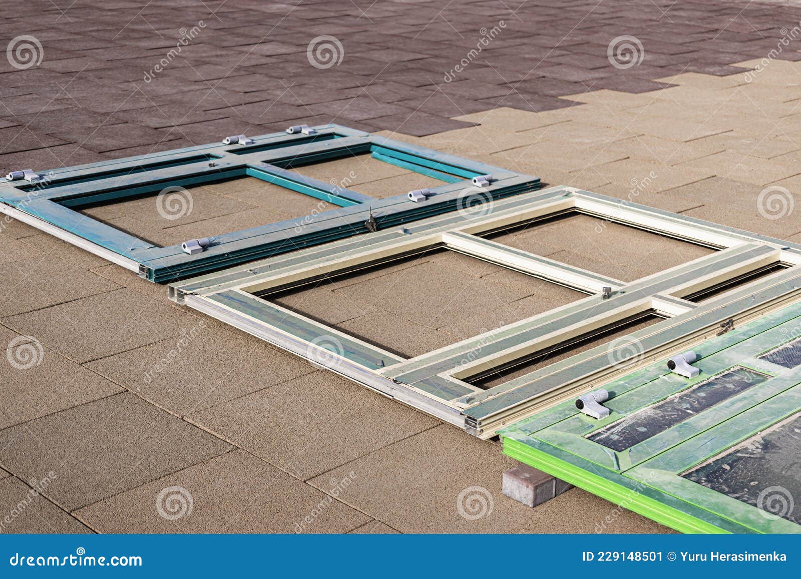 New Window Frames in Different Colors on the Construction Site. Storage ...