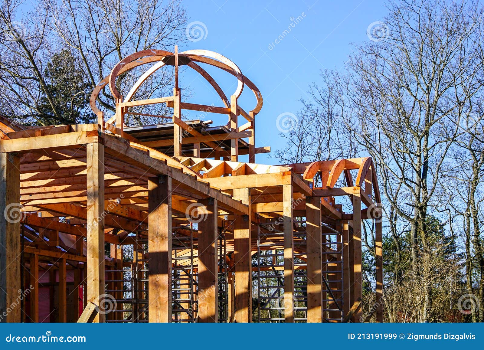 New Wooden Building Frame with a Round Domed Tower Stock Image - Image ...