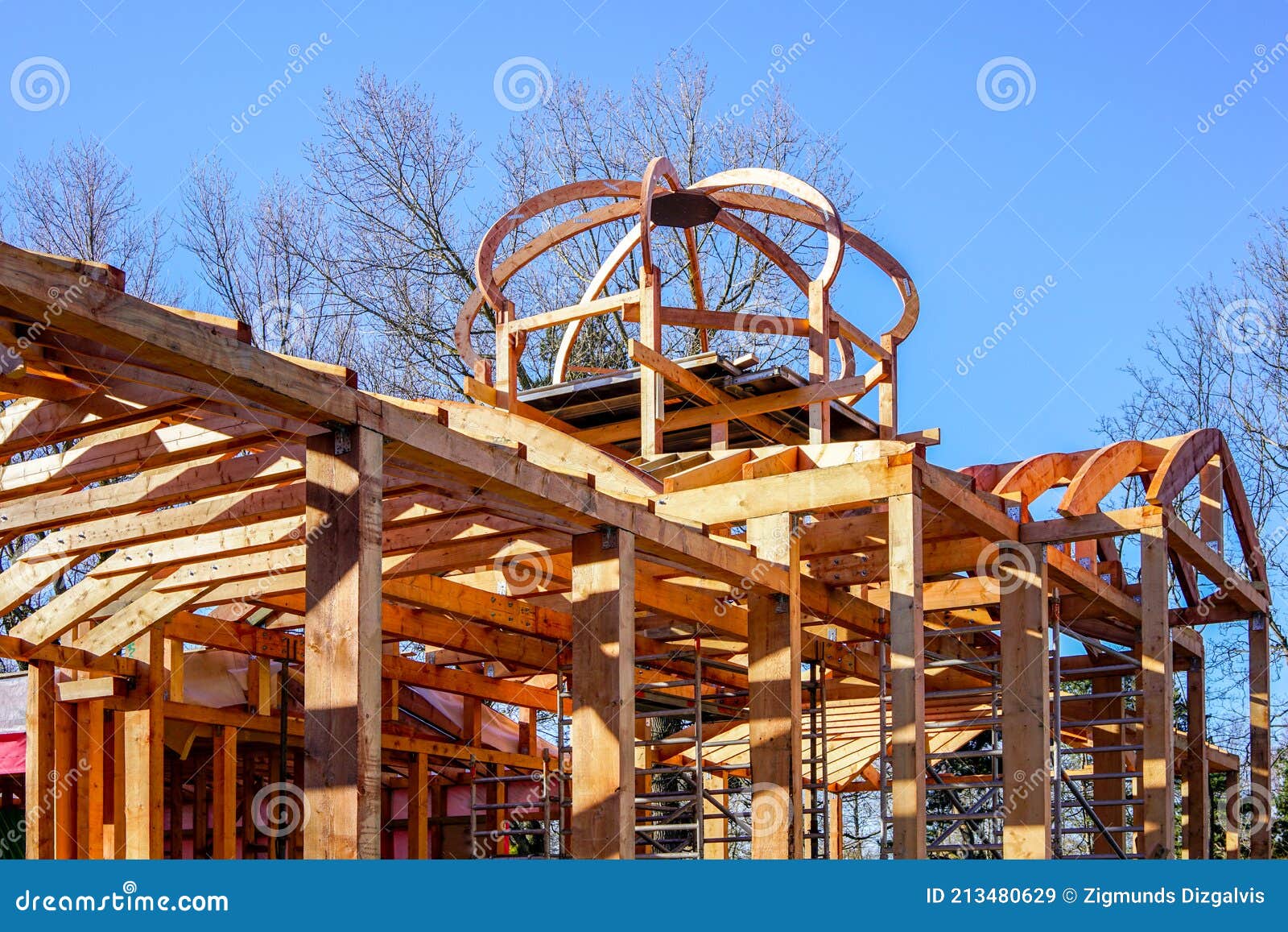 New Wooden Building Frame with a Round Domed Tower Stock Image - Image ...