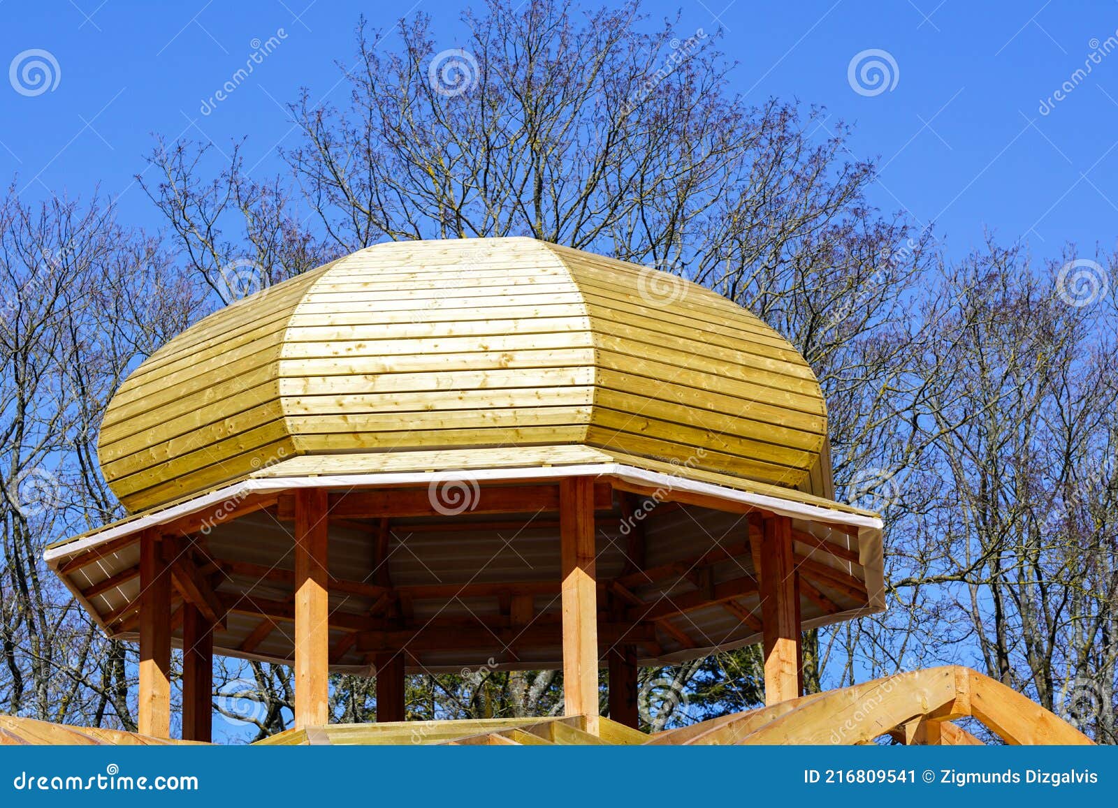 New Wooden Building Frame with a Round Domed Tower Stock Image - Image ...
