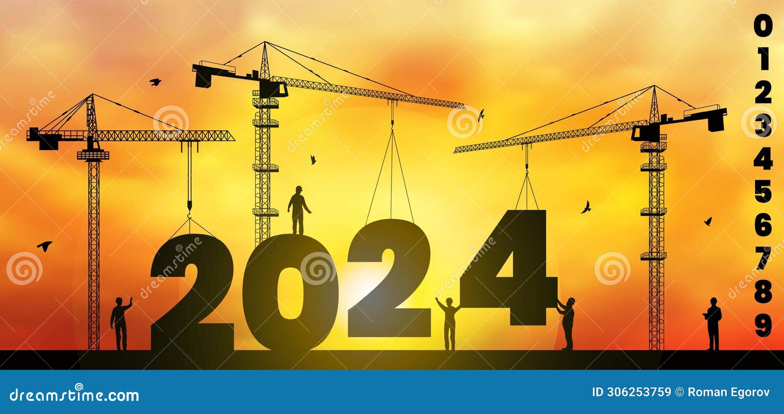 2024 New Year. Building Crane Loading Numbers. Industrial Silhouette ...