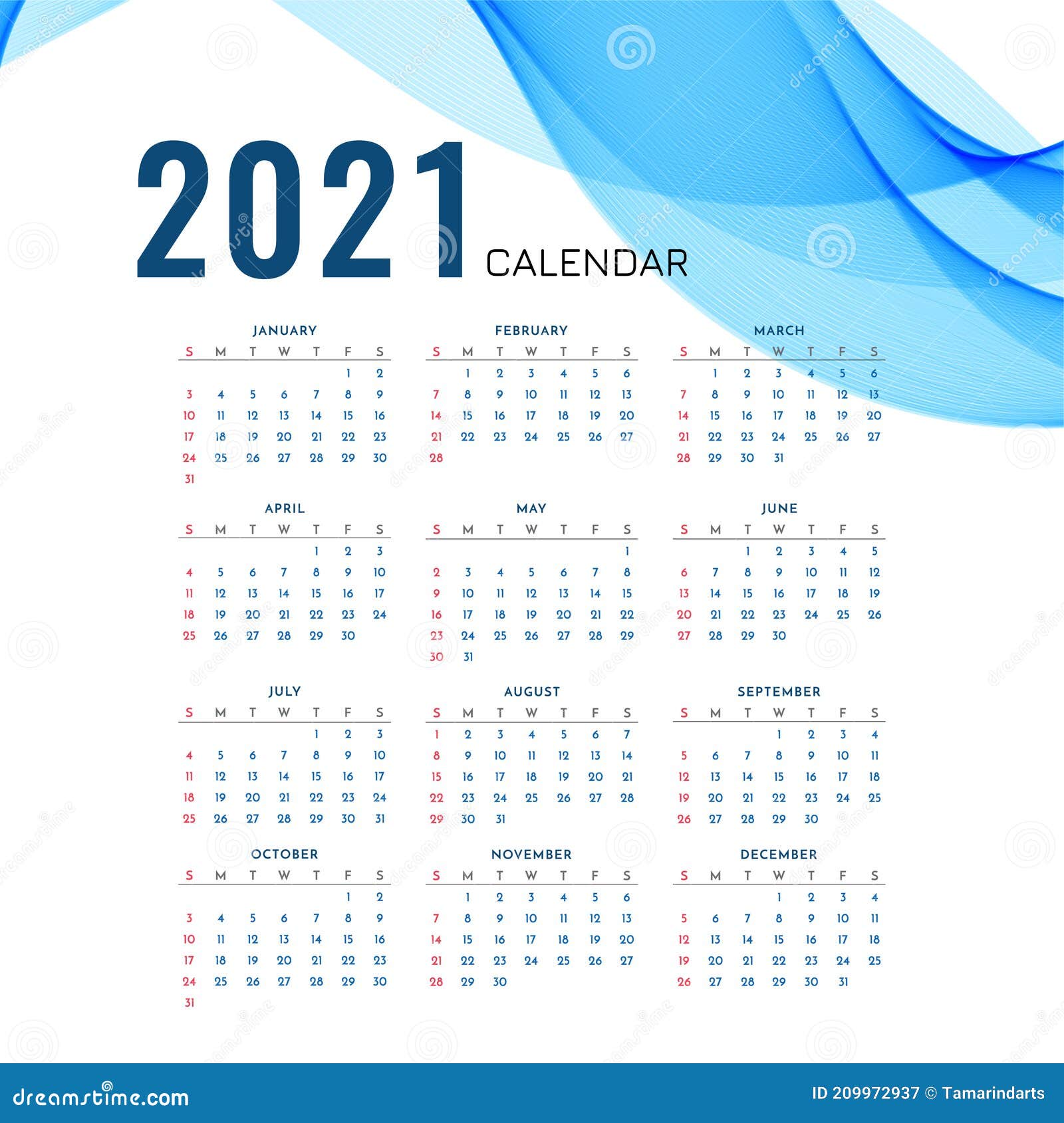New Year 2021 Calendar Design with Blue Wave Stock Vector ...