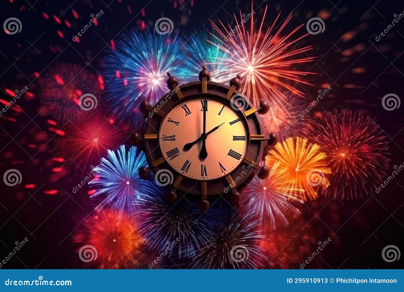 New Year Celebration Countdown To Midnight Clock and Fireworks. AI ...