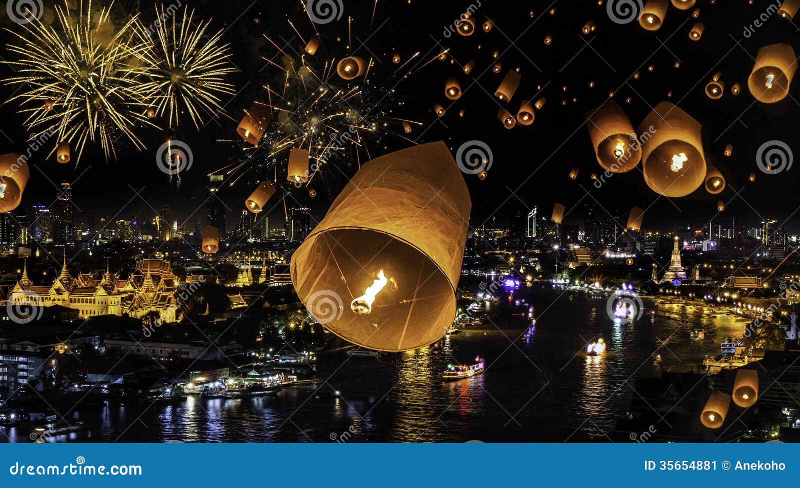 New Year Celebration with Firework and Yeepeend Float Stock Image ...
