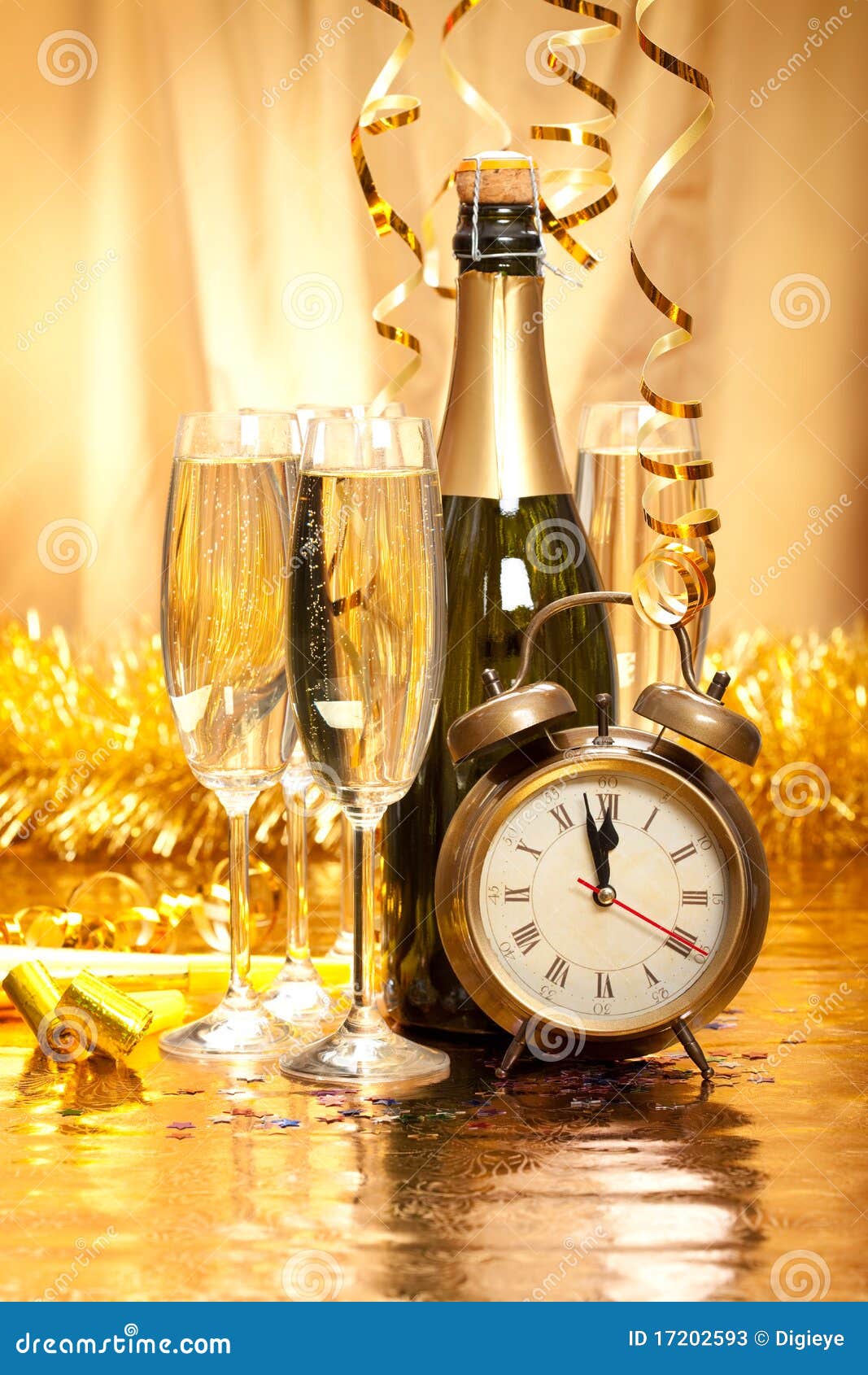 New Year - Champagne, Decoration and Clock Face Stock Image - Image of ...