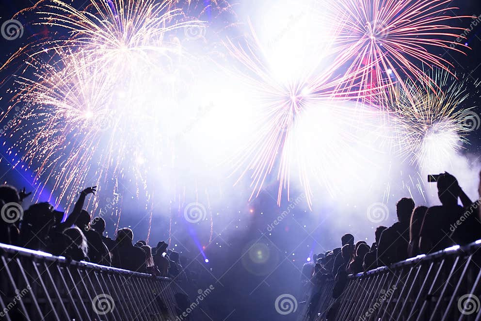 New Year Concept, Cheering Crowd and Fireworks Stock Image - Image of ...