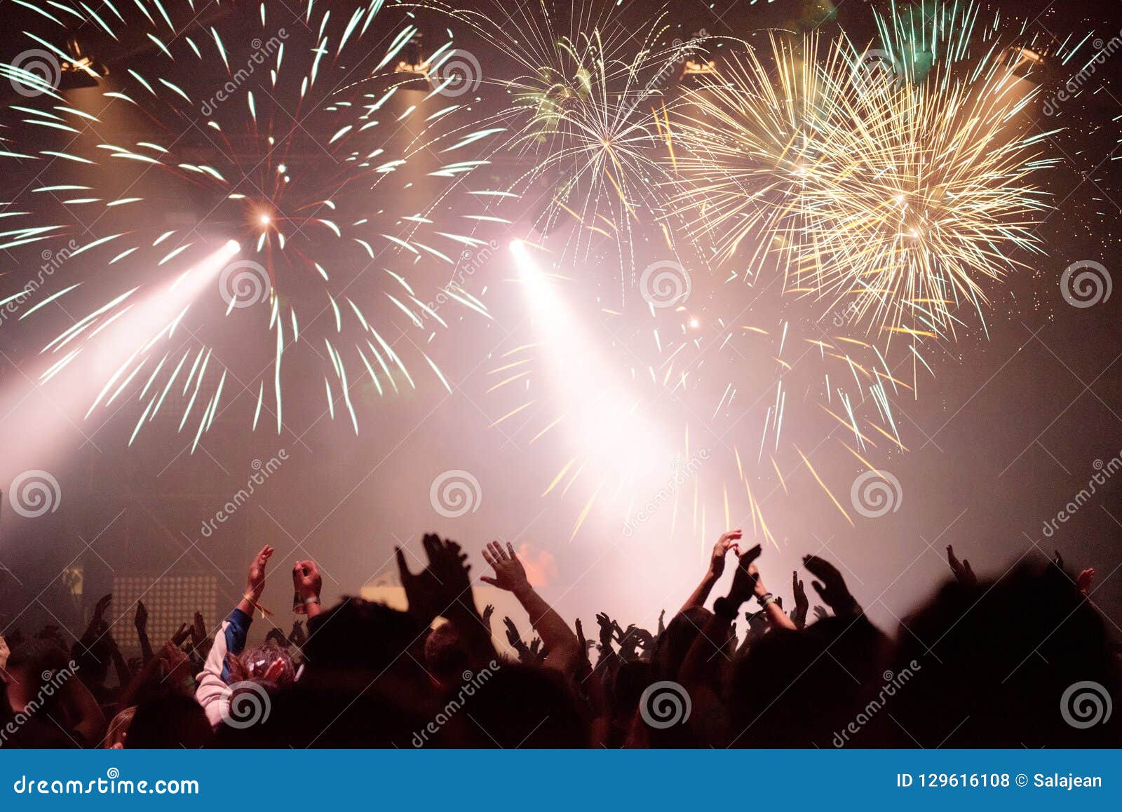 New Year Concept, Cheering Crowd and Fireworks Stock Photo - Image of ...