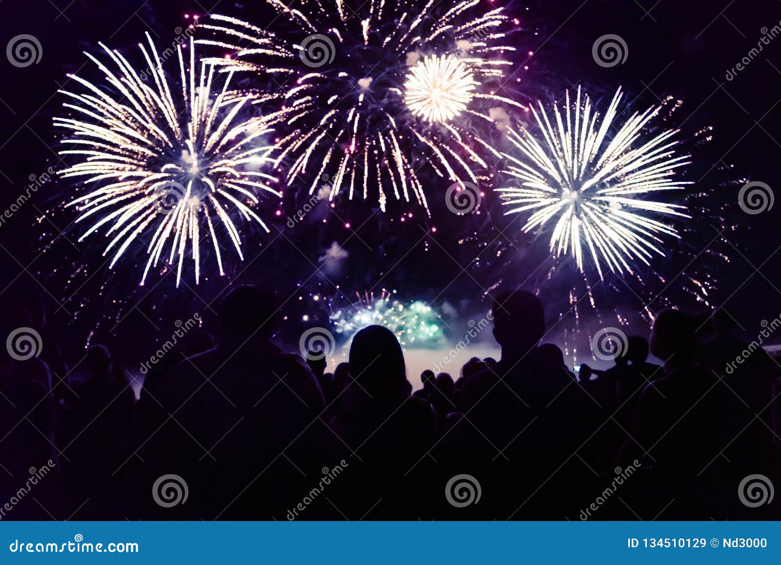 New Year Concept - Cheering Crowd and Fireworks Stock Image - Image of ...