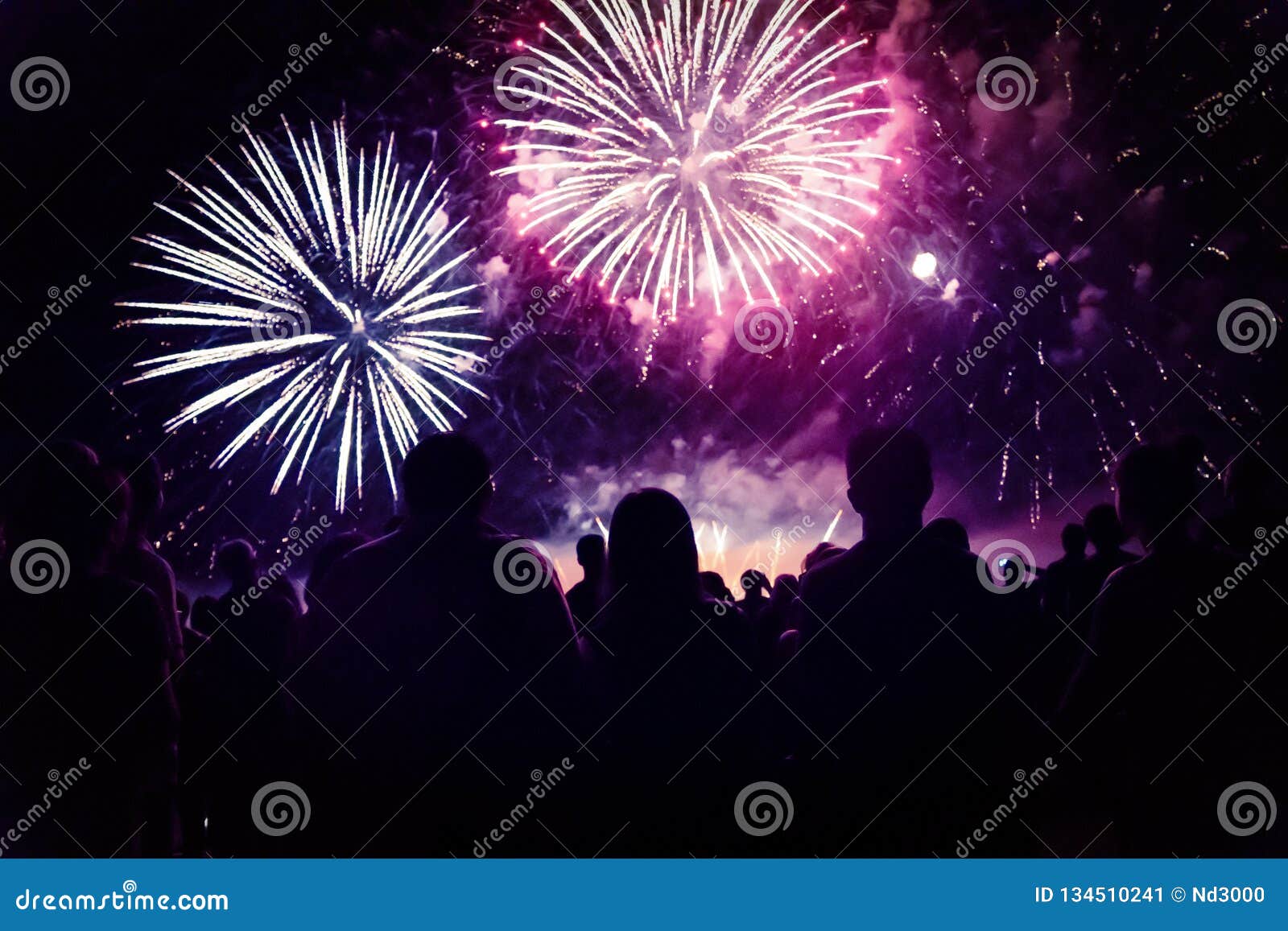New Year Concept - Cheering Crowd and Fireworks Stock Image - Image of ...