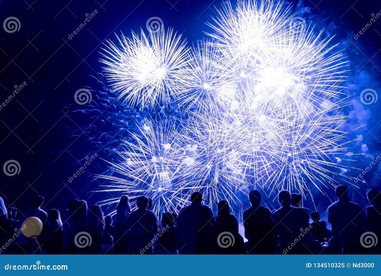 New Year Concept - Cheering Crowd and Fireworks Stock Image - Image of ...