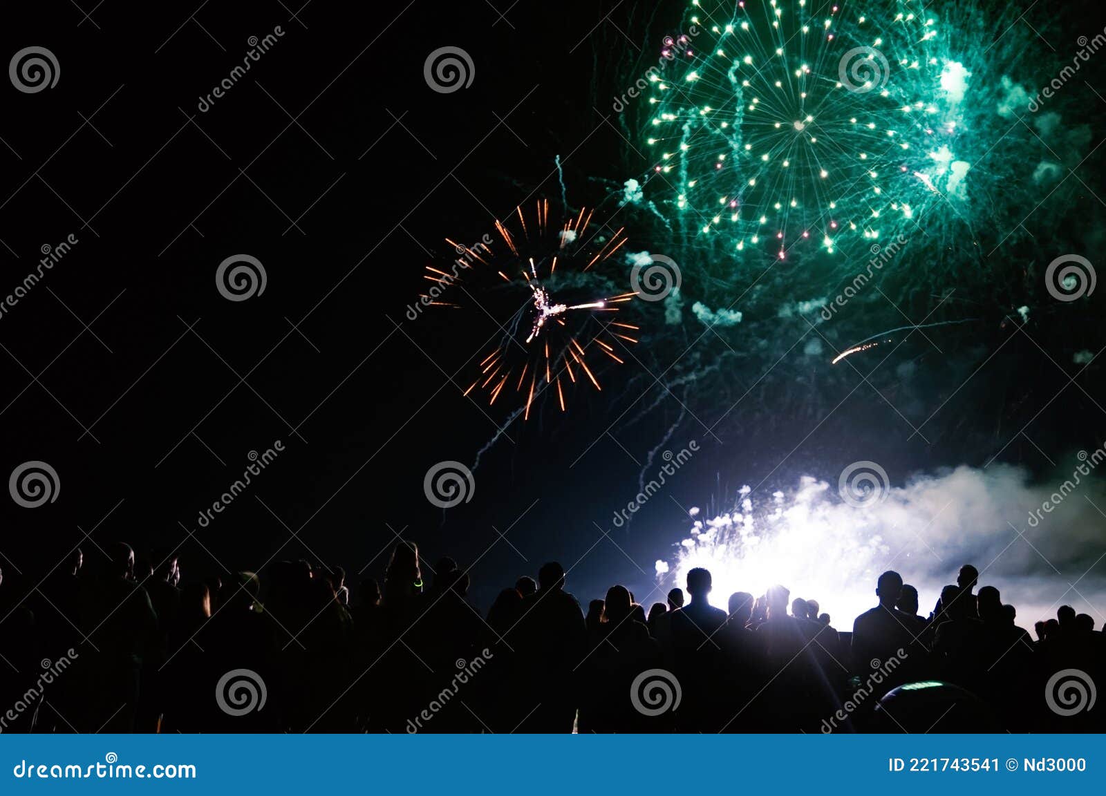 New Year Concept - Cheering Crowd and Fireworks Stock Image - Image of ...