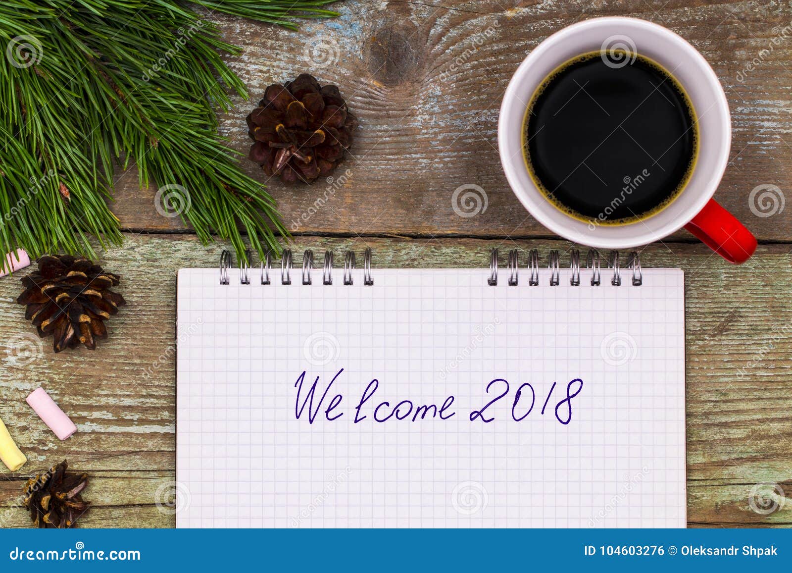 New Year 2018 Concept. Notebook on Wood Table Writing Welcome 2018 ...