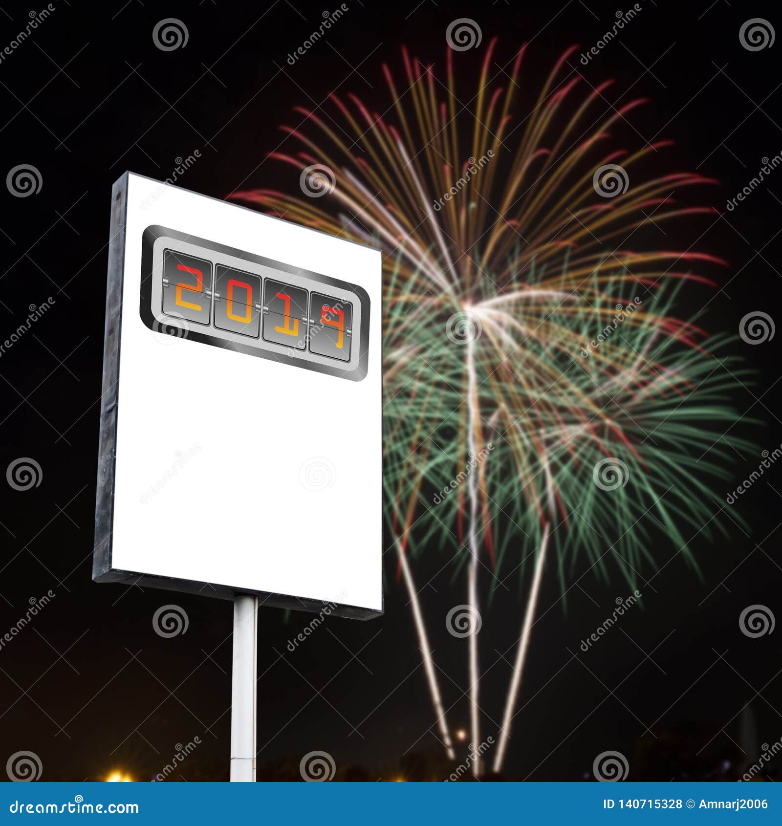 New Year 2019 Digital Clock on Billboard with Fire Work Stock Photo ...