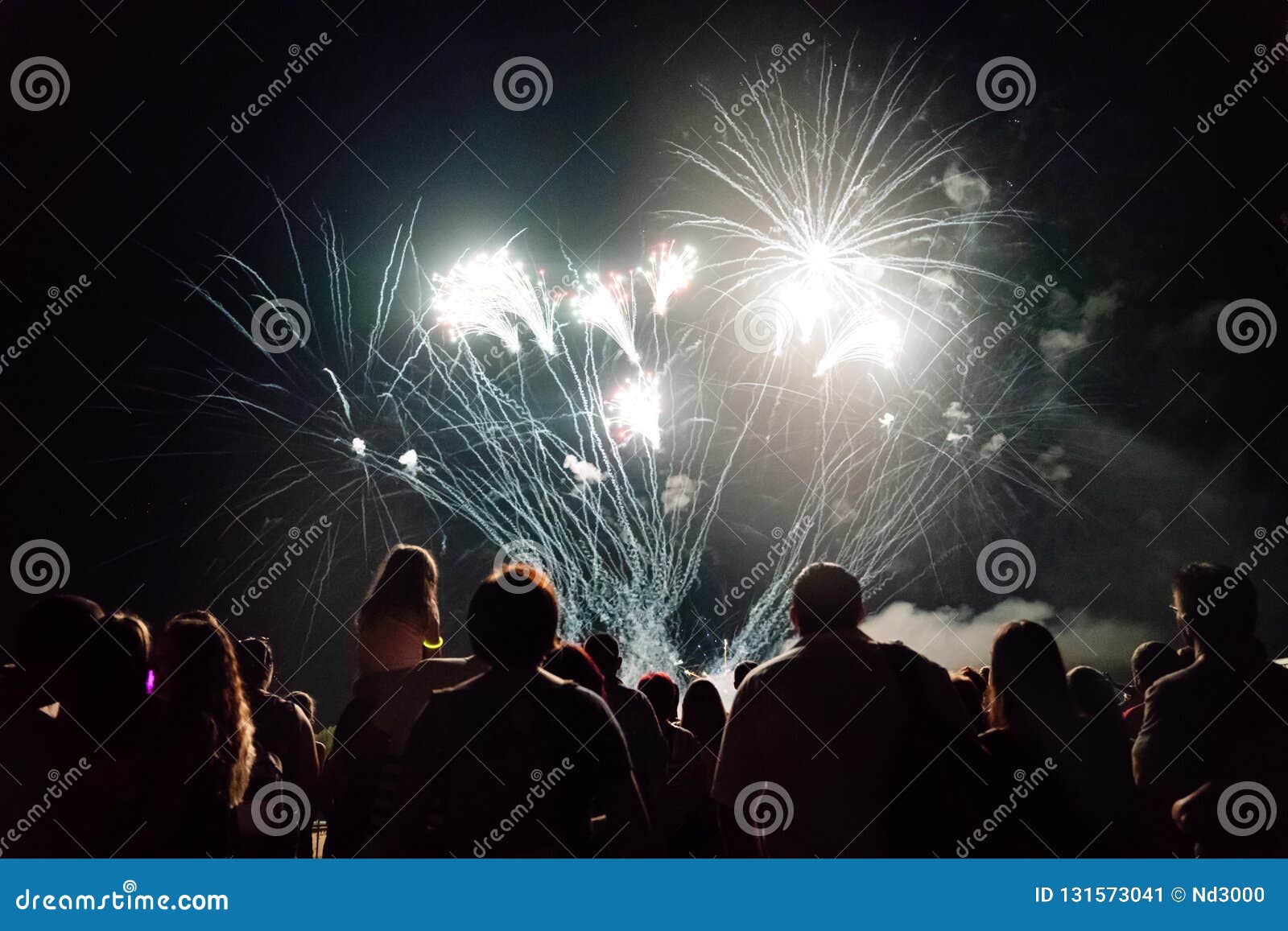 New Year Concept - Cheering Crowd and Fireworks Stock Image - Image of ...