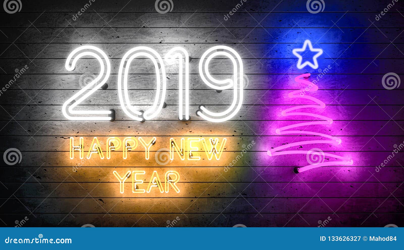New Year 2019. Neon Shapes with Lights. Stock Image - Image of greeting ...