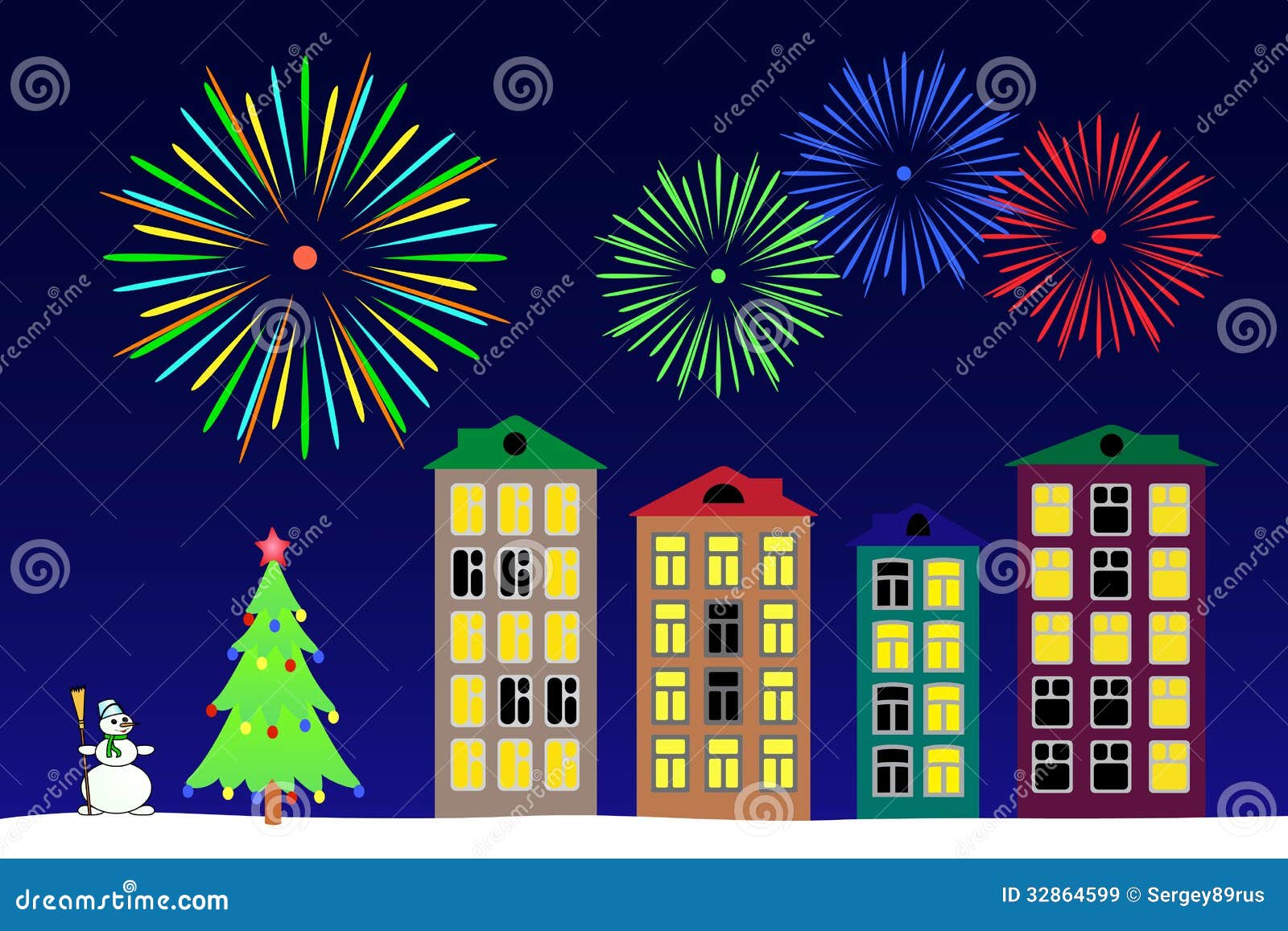New Year Night in the Town. Stock Vector - Illustration of building ...