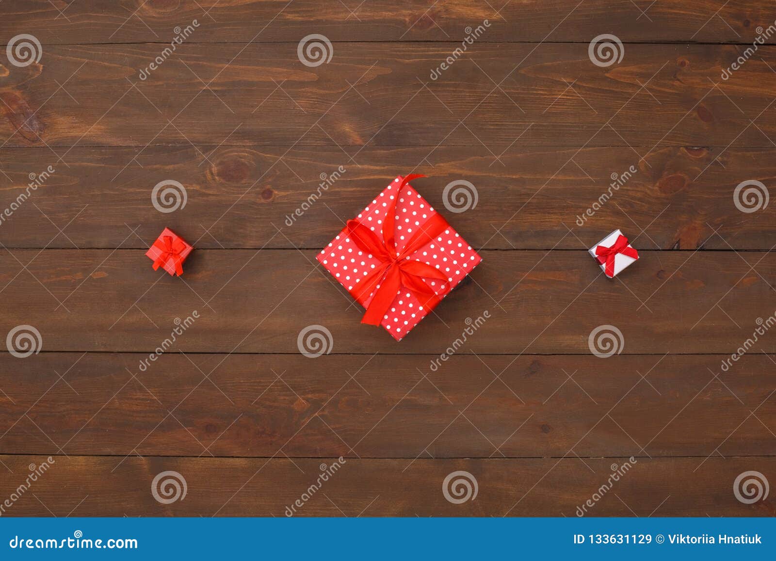New Year. Objects Isolated on Table Three Presents in a Row Top View ...