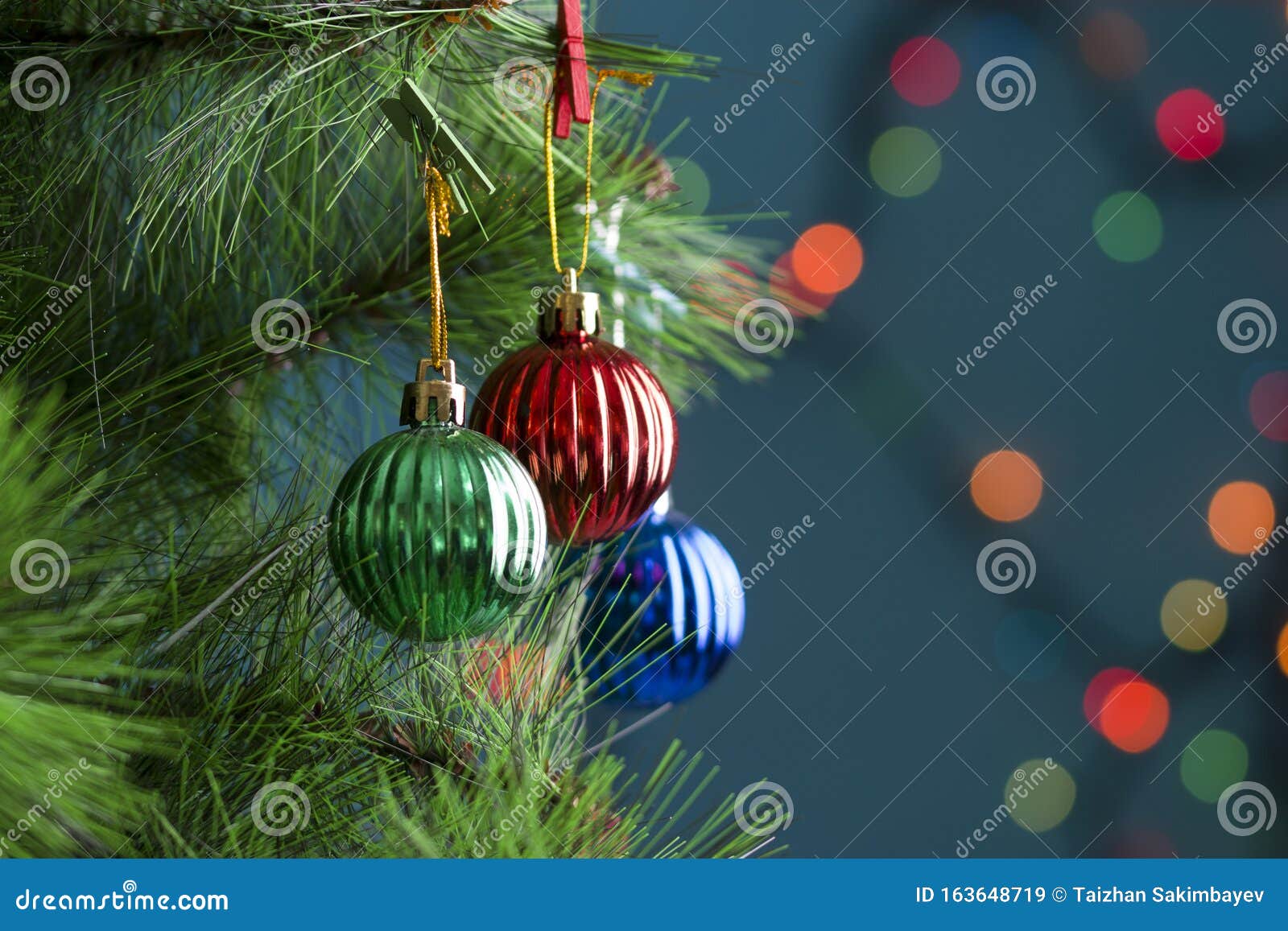 New Year Pine Tree with Balls. Close-up Stock Image - Image of ornament ...