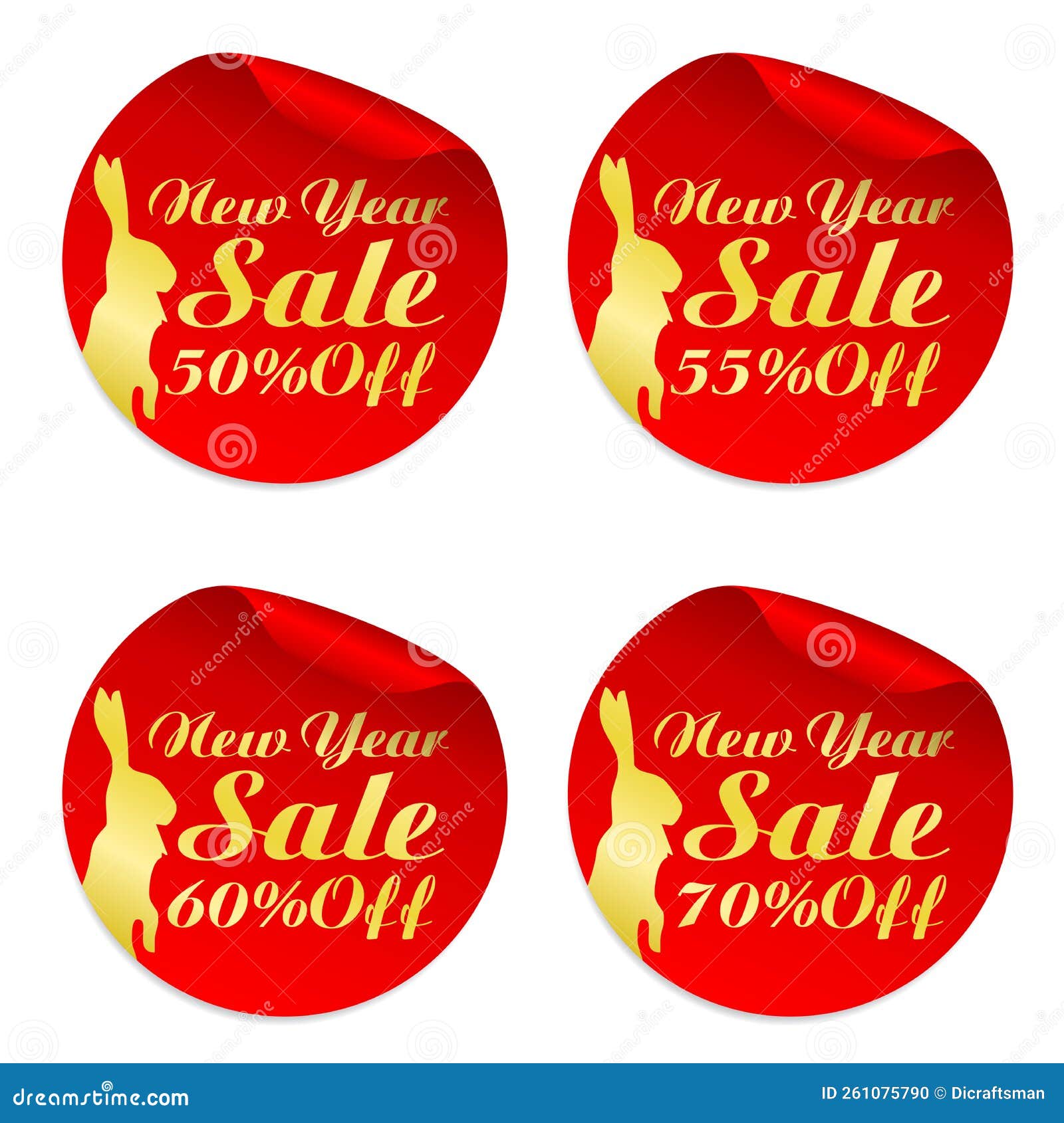 New Year Red Stickers Set with Bunny 50 , 55 , 60 , 70 Off Stock Vector ...