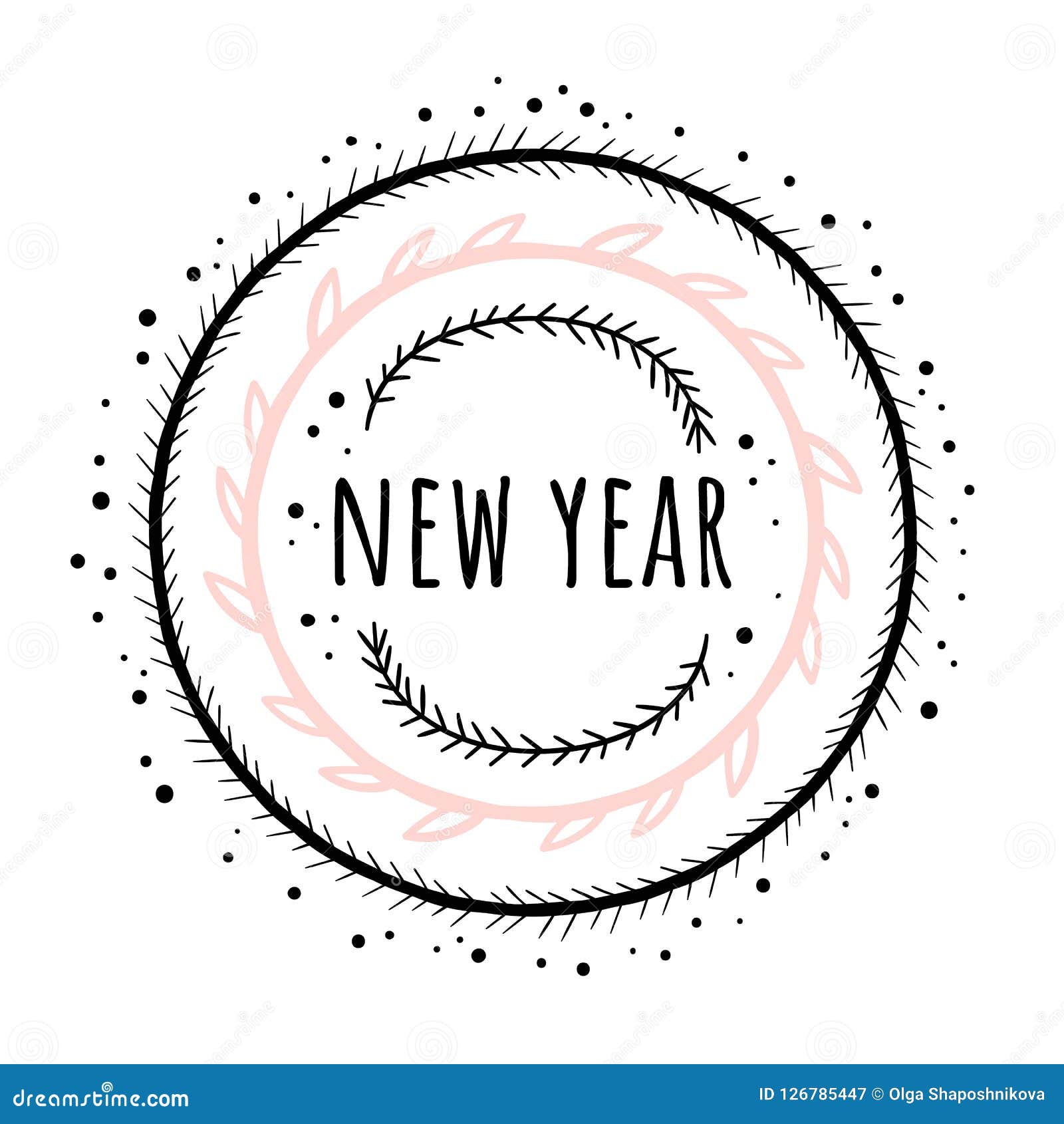 New Year Round Frame in Doodle Style. Vector Illustration on White ...
