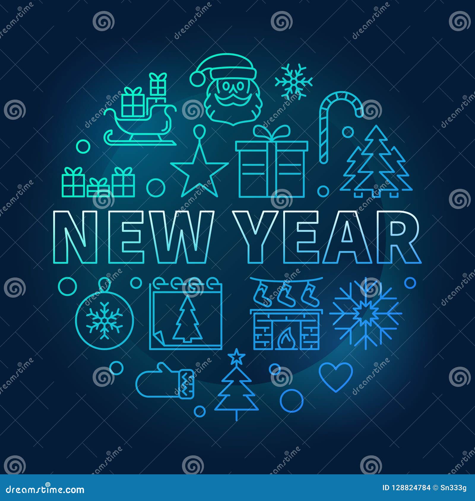 New Year Round Vector Blue Bright Illustration in Line Style Stock ...