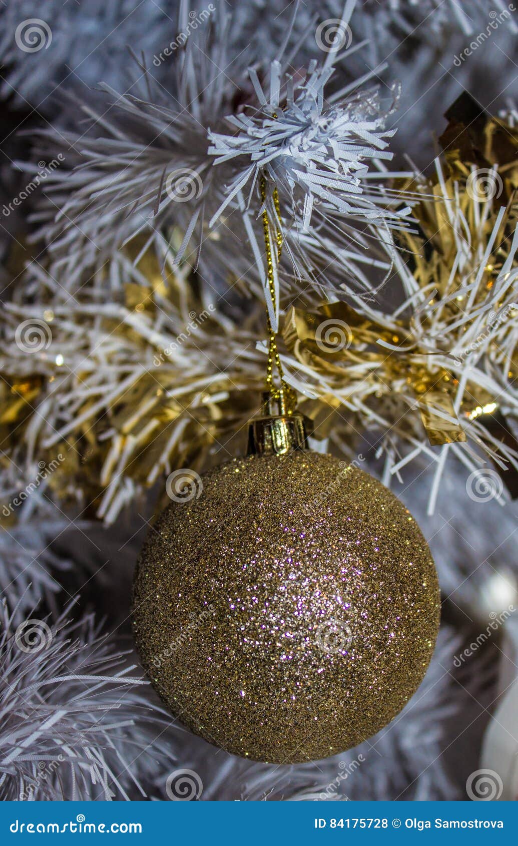 New Year Shiny Golden Ball on the Tree. Background. Stock Photo - Image ...