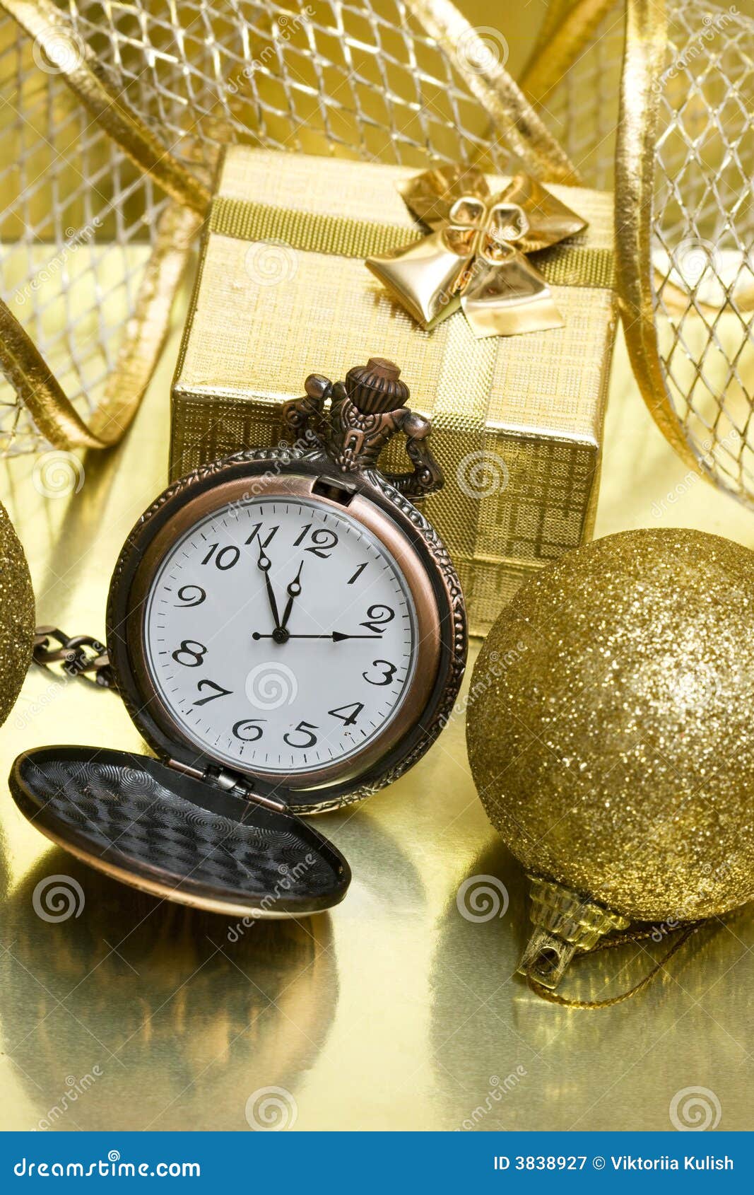 New Year Time on Golden Clock Stock Image - Image of ball, sash: 3838927
