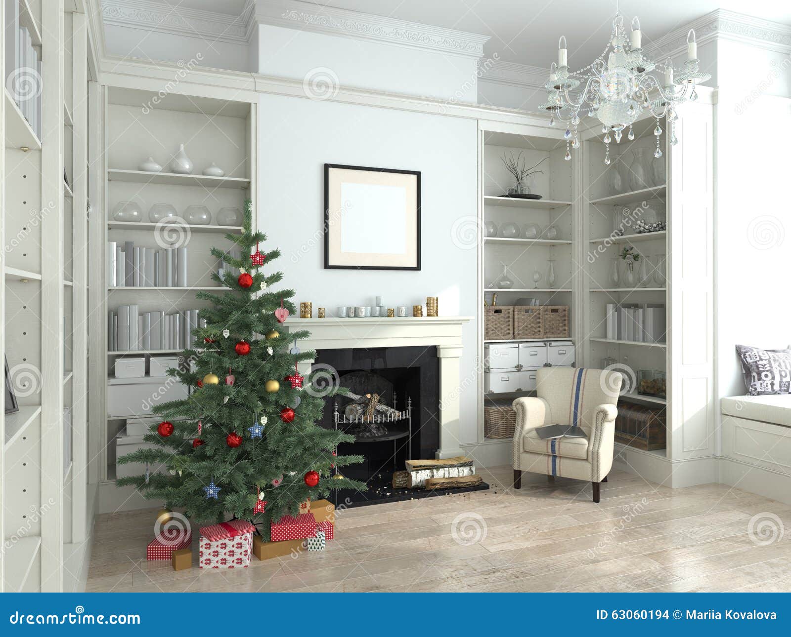 New Year White Interior, Christmas Tree, 3D Render Stock Photo - Image ... New Year White Interior, Christmas Tree, 3D Render Stock Photo - Image ...