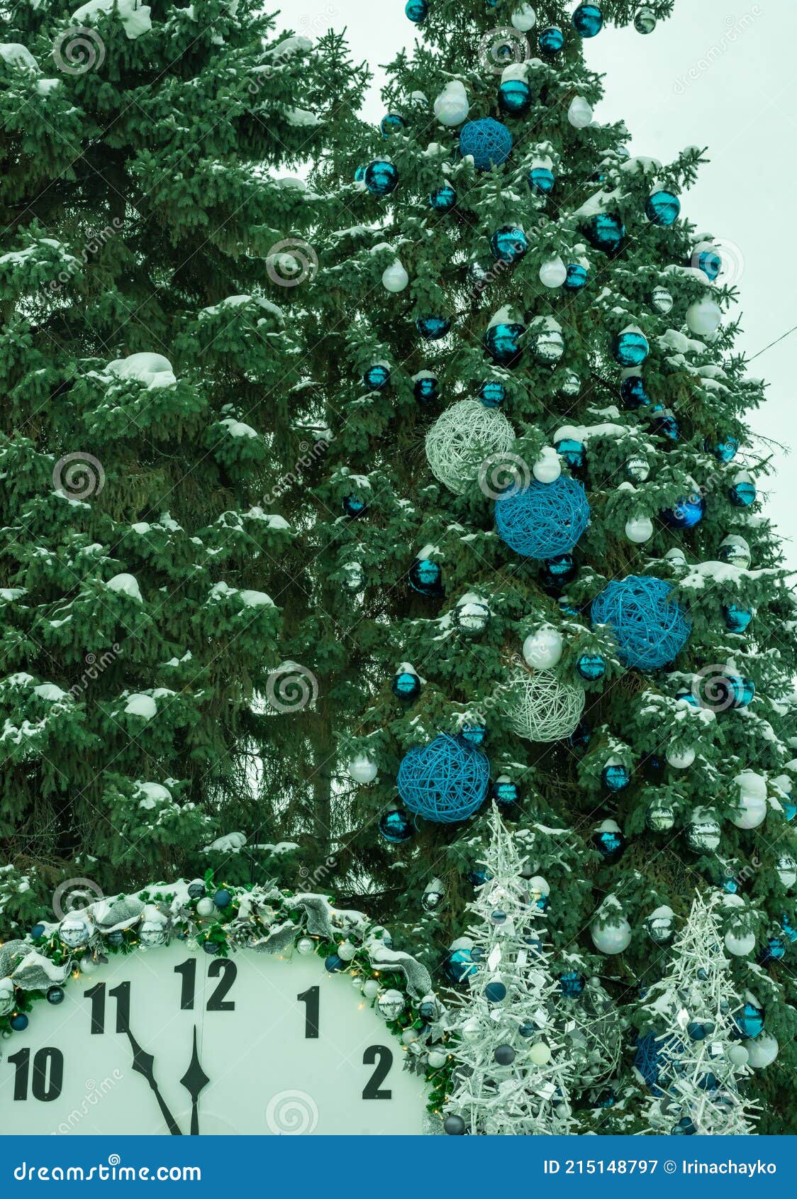New Years Eve. Clock Face and Christmas Trees in the Snow Stock Image ...
