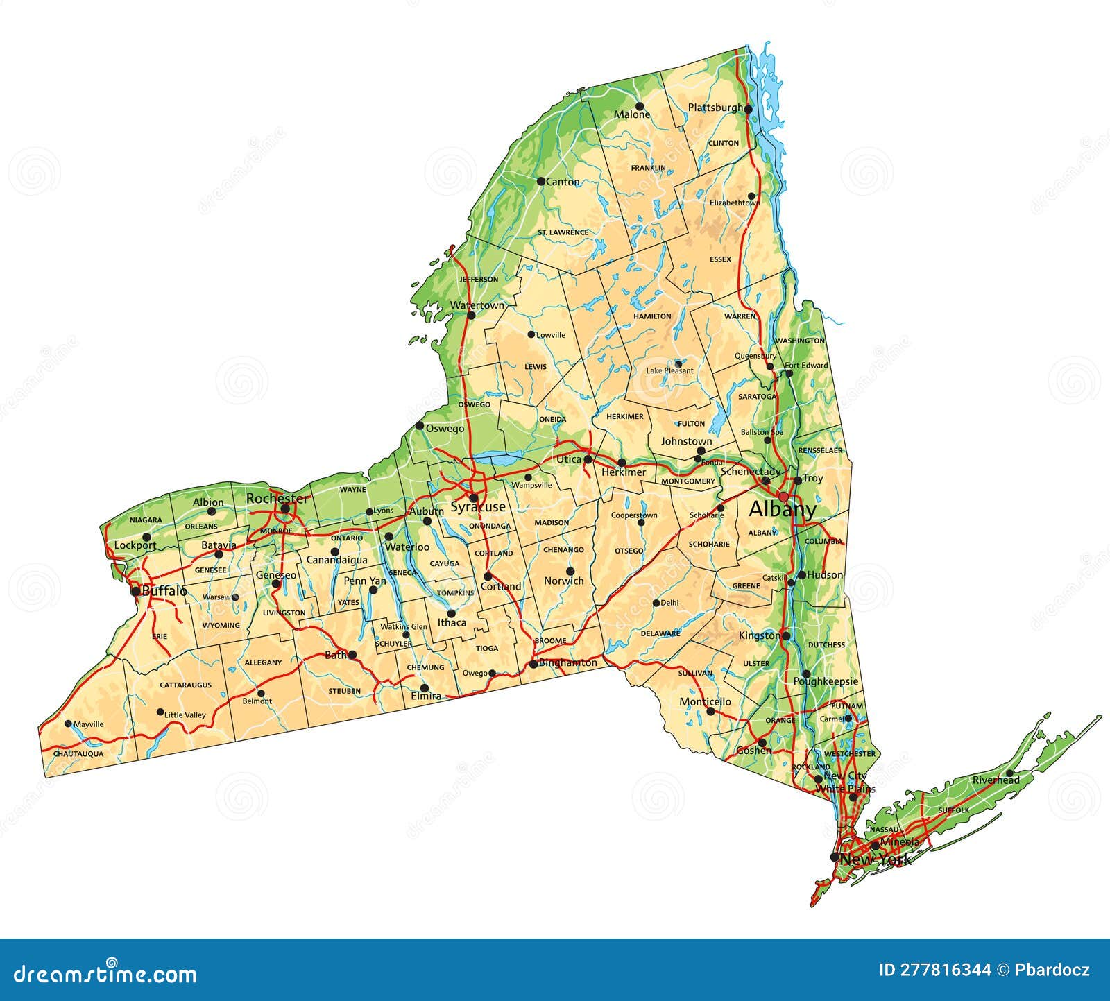 Detailed New York Physical Map with Labeling. Stock Vector ...