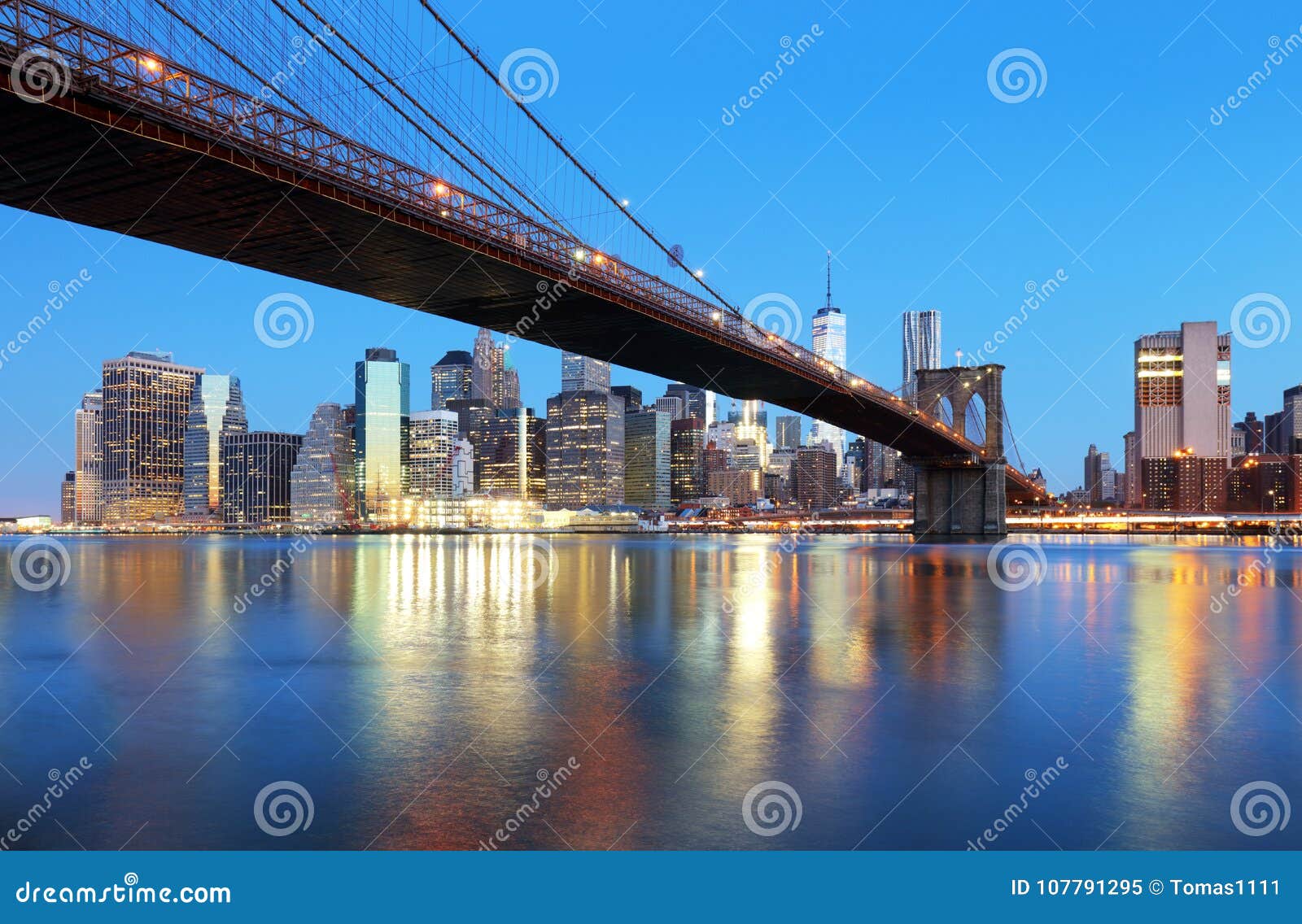 New York City at Night with Brooklyn Bridge Stock Image - Image of ...