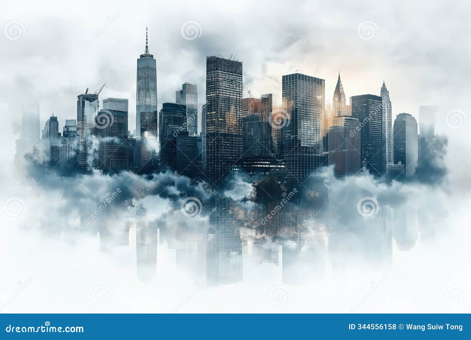 New York City Skyline Floating on Clouds with Reflection Stock Photo ...