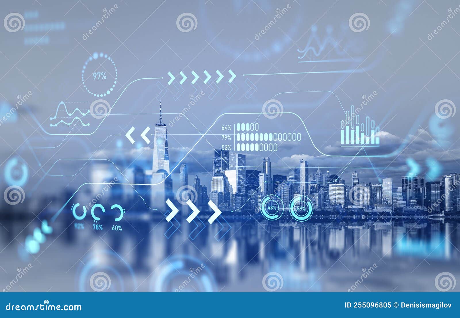 New York Cityscape and Big Data Graph Chart with Arrows, Graphs and ...