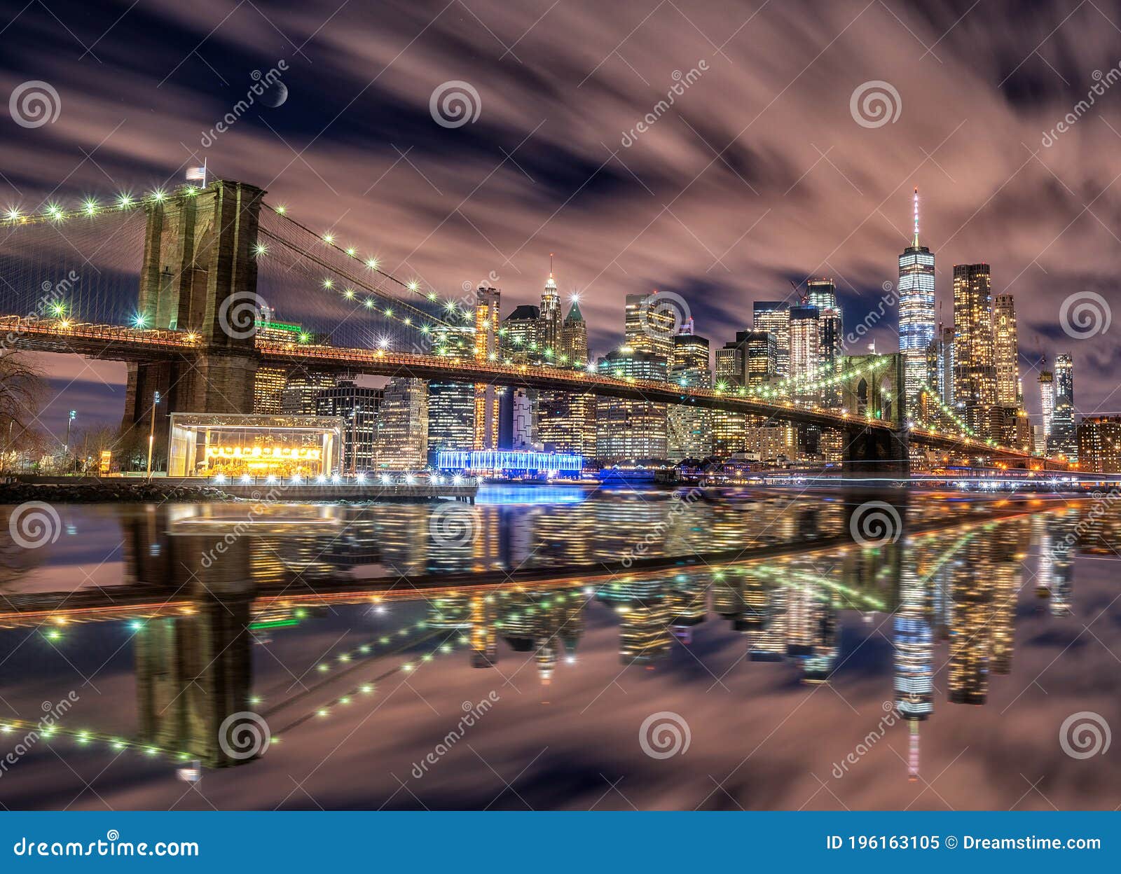 New York Skyline from Brooklyn Bridge in Blue Hour with Moon Present ...