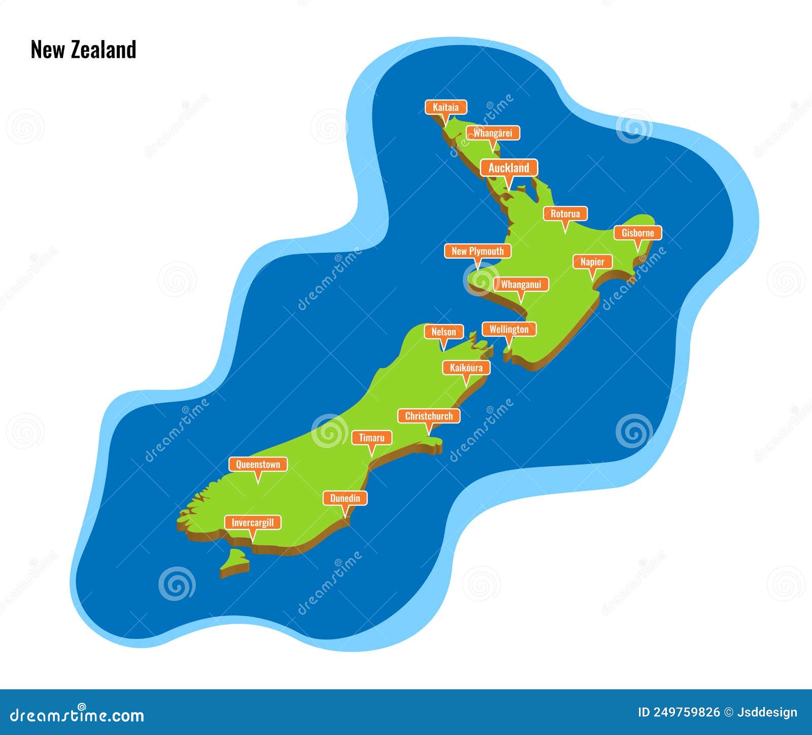 New Zealand Vector 3d Geographical Map with Cities Stock Illustration ...