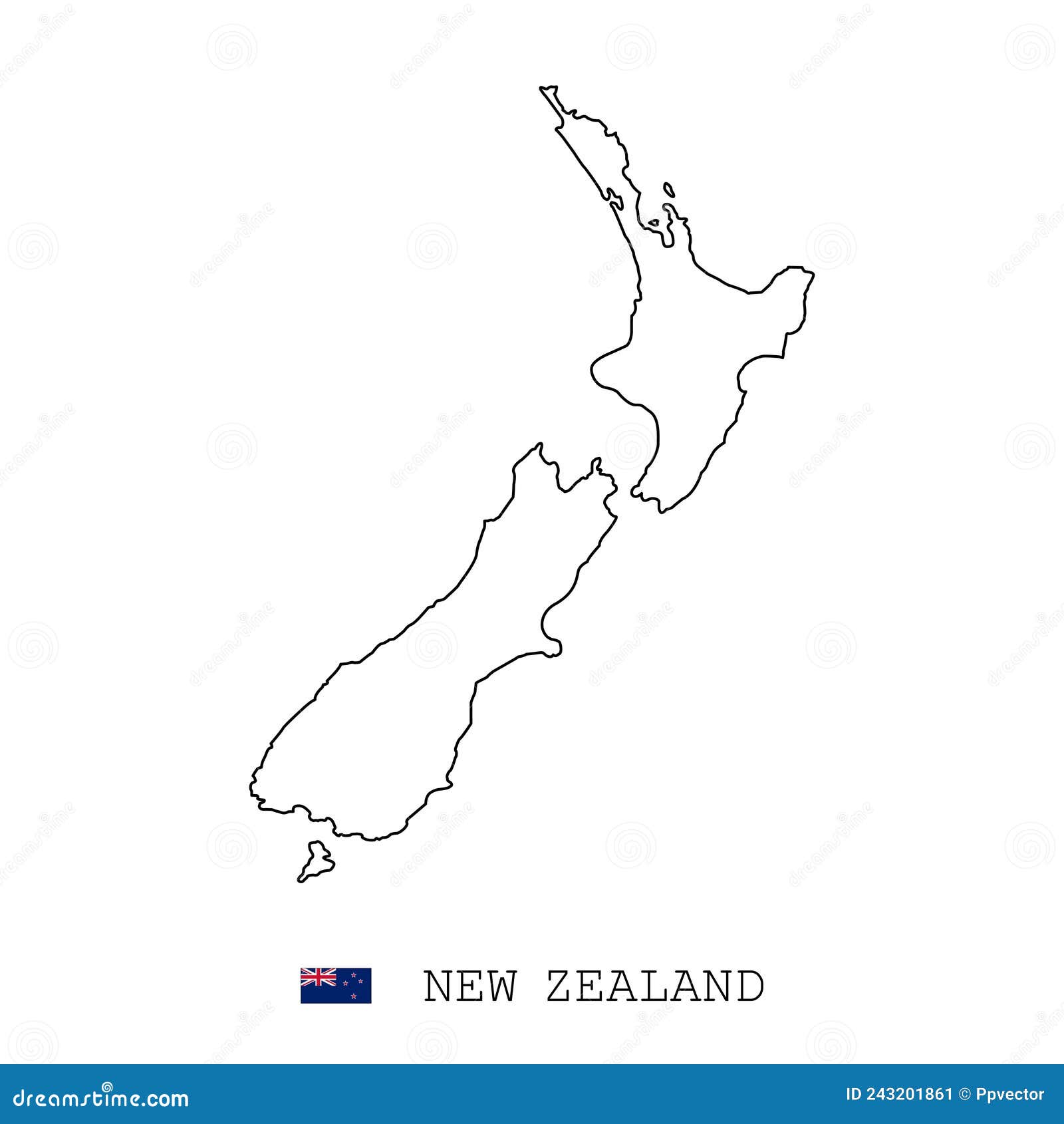 New Zealand Map Line, Linear Thin Vector Simple Outline and Flag. Black ...