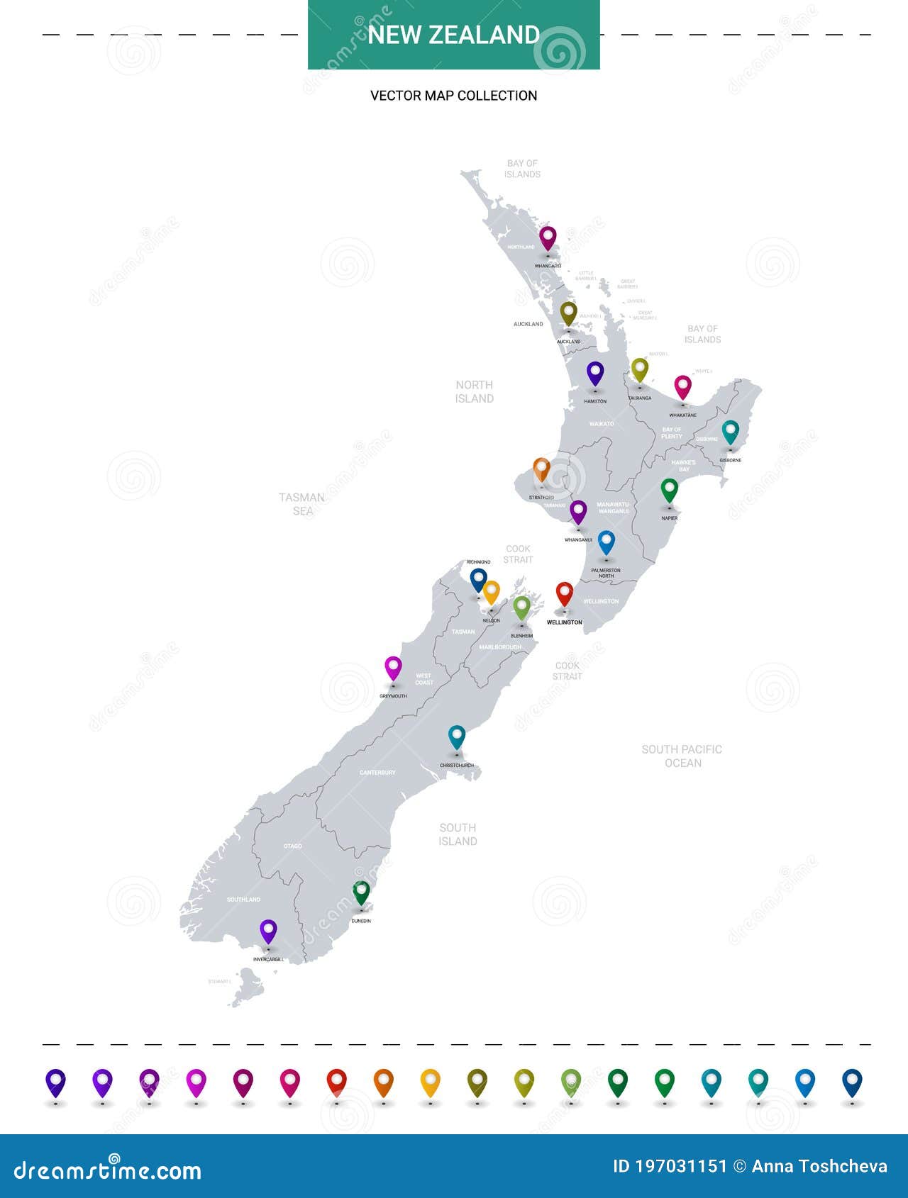 New Zealand Map with Location Pointer Marks. Stock Vector ...