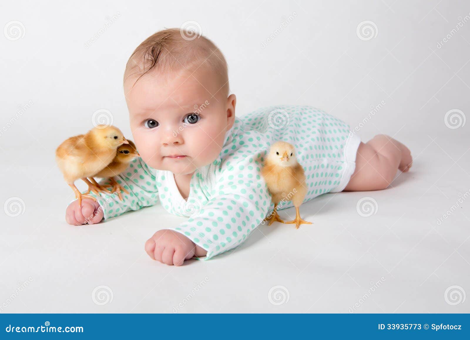 Newborn baby with chicks. stock image. Image of chicken - 33935773