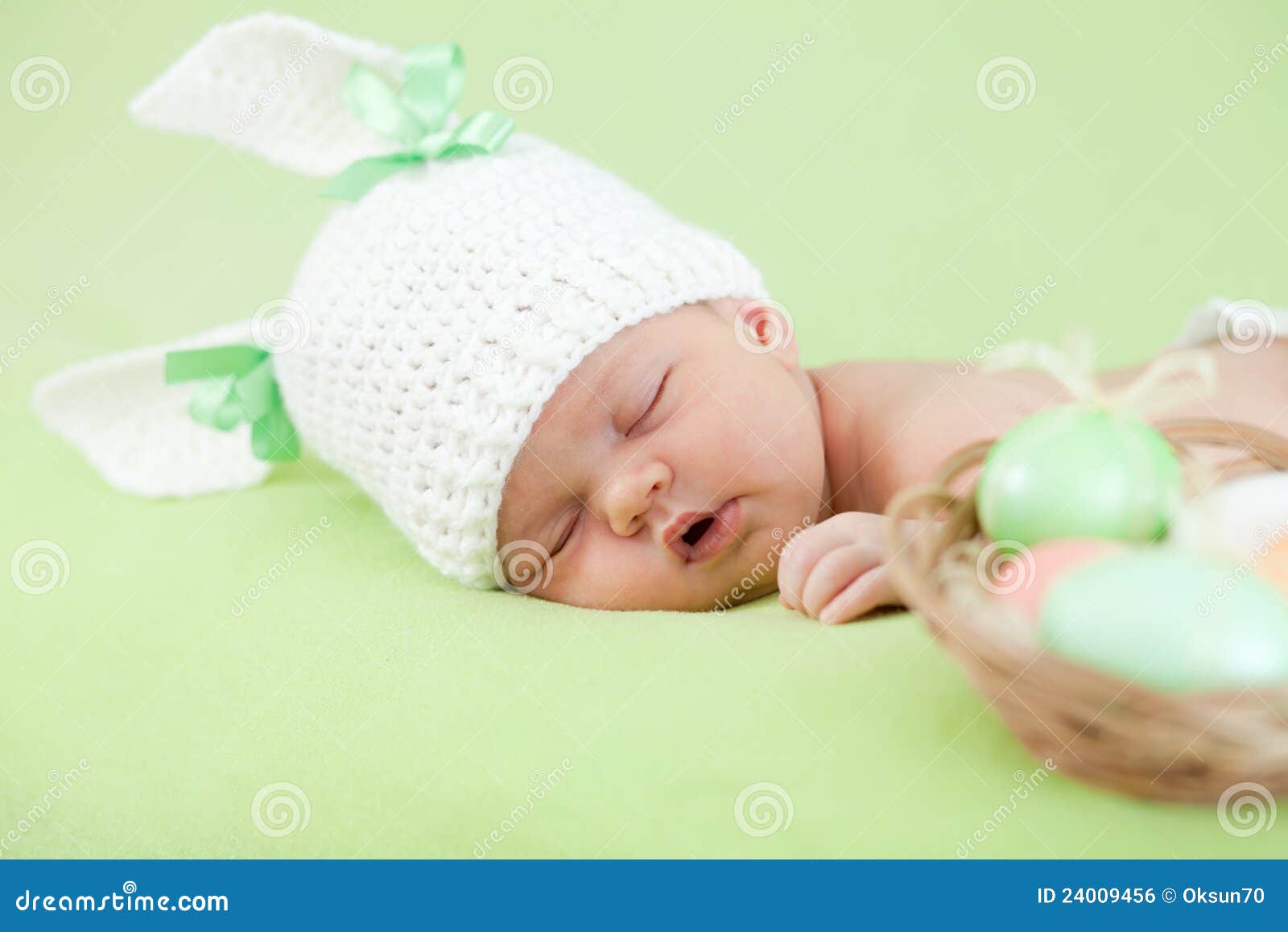 Newborn Baby Dressed in Easter Bunny Cap with Eggs Stock Photo - Image ...